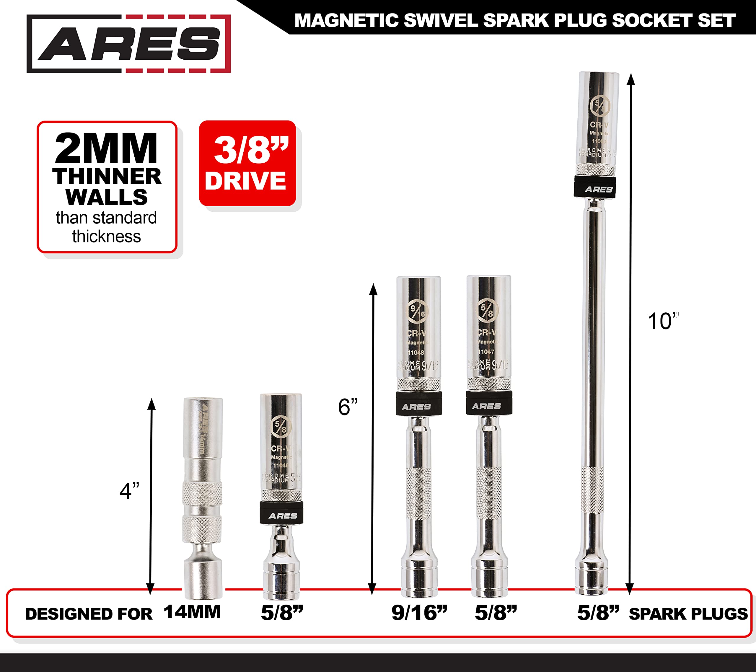 Snapklik.com : ARES 11052-5-Piece Magnetic Swivel Spark Plug Socket Set - 14mm Thin Wall Socket ...