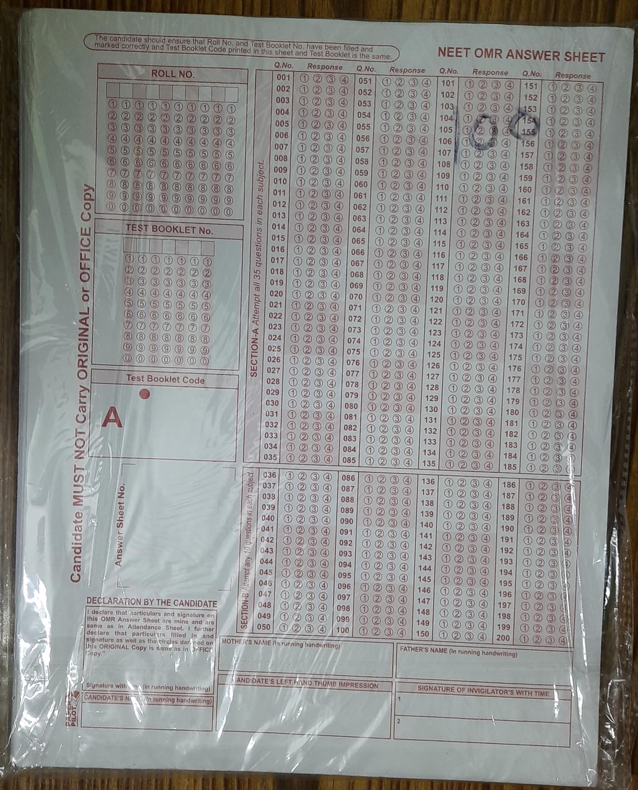 PaperPilot Neet Omr A4 Sheet For 2024 | Omr Sheet For Neet Practice ...