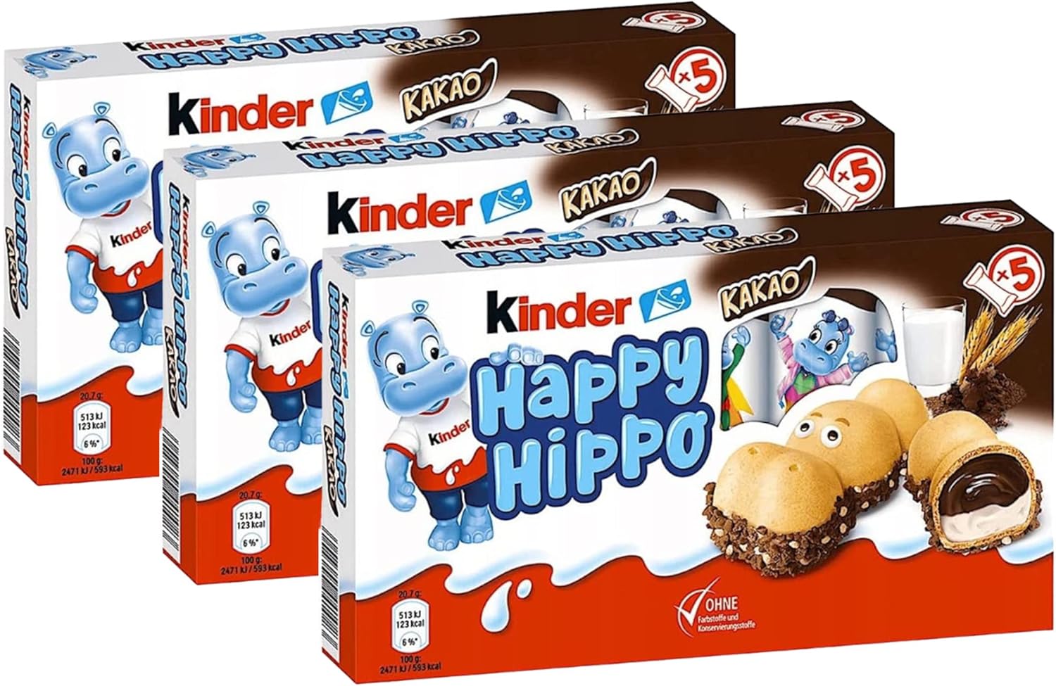 3X Kinder Happy Hippo al Cacao (Kakao) - Scatola da 103g con 5 Snack ...