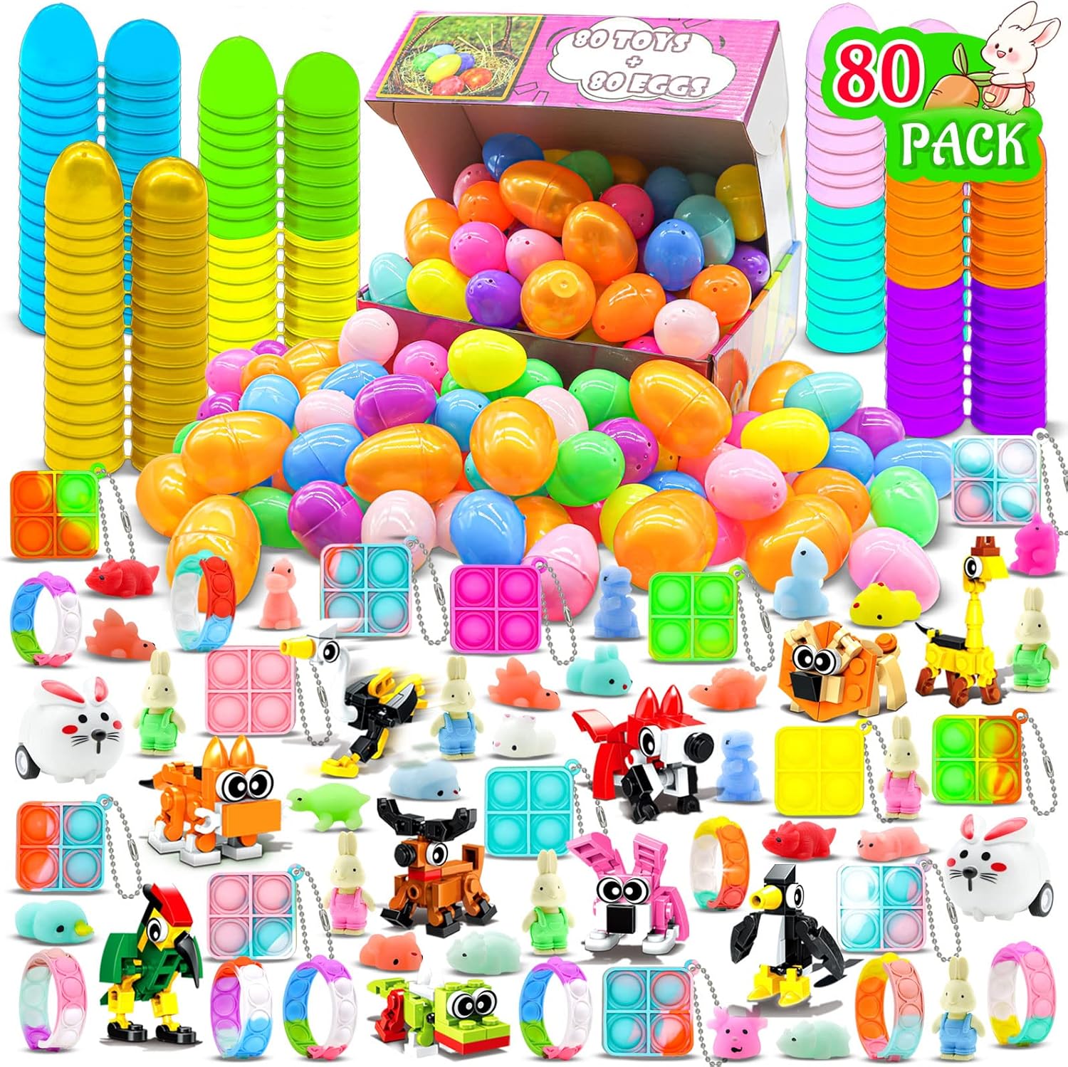 80Pack Prefilled Easter Eggs with Toys Inside Mini Pop Keychain ...