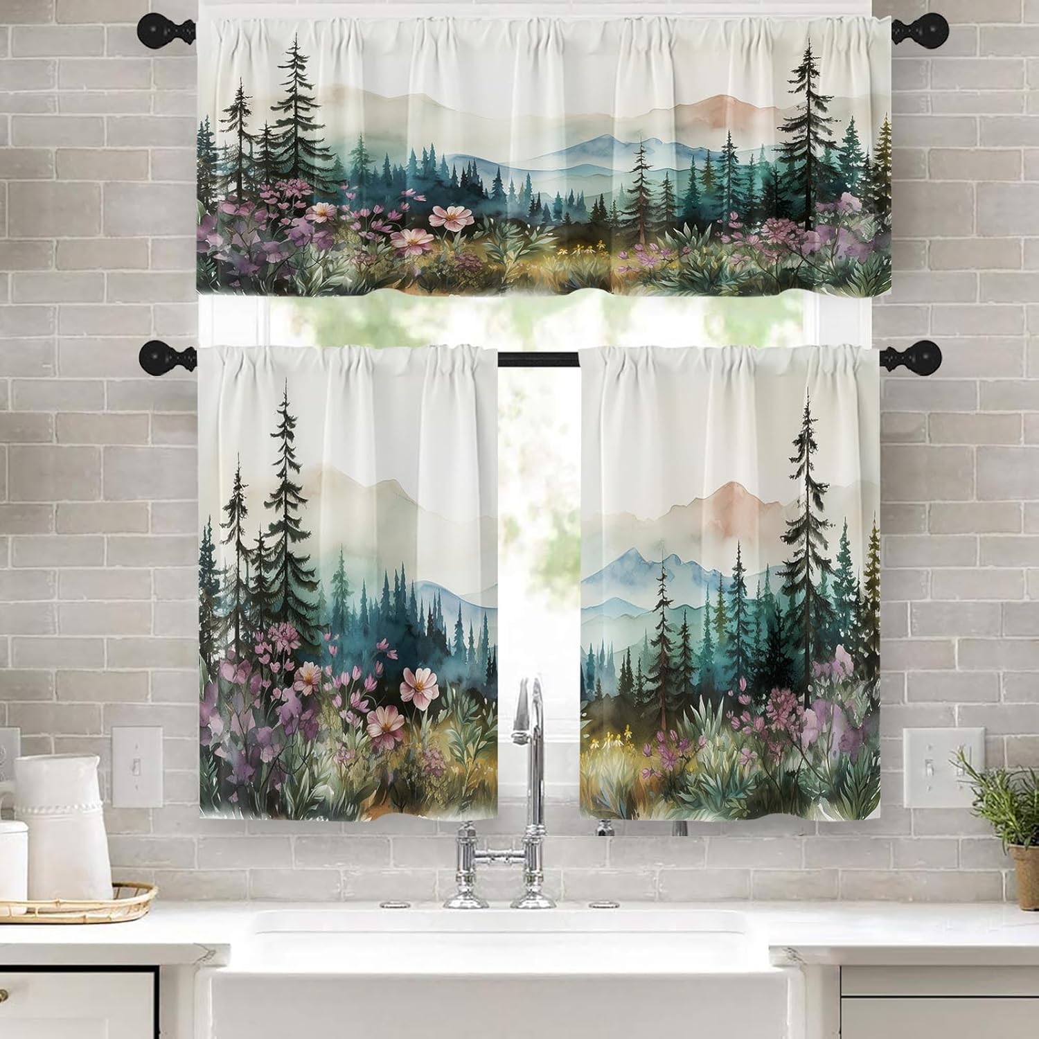 Amazon.com: Tayney Floral Kitchen Window Curtains Valance and Tier Set 36 Inch, Watercolor ...