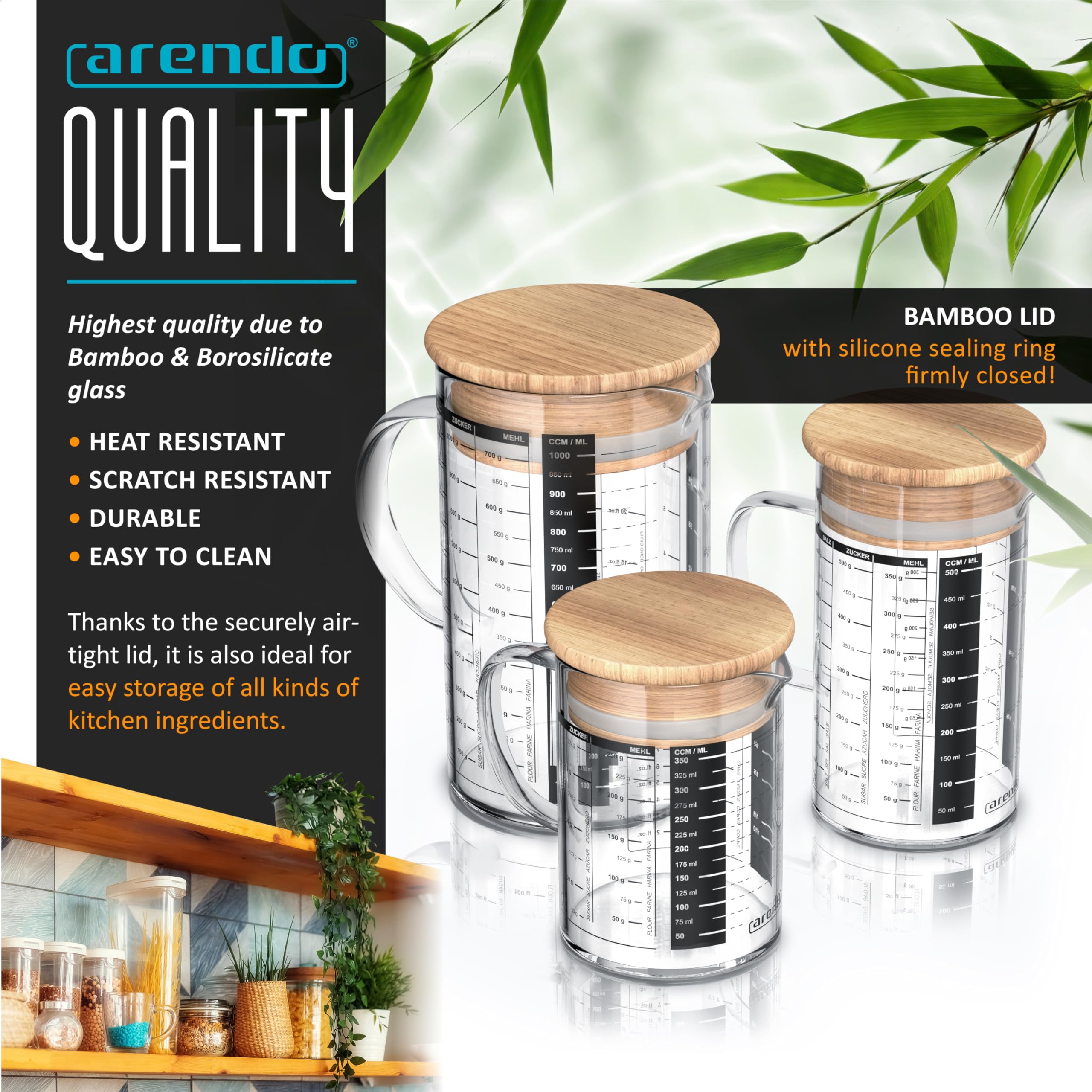 Arendo Set Glass Measuring jugs 350 + 500 ml 1000ml (0,35l 0,5l 1l ...