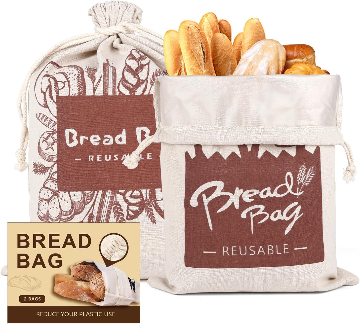 Amazon.com: Bread Bags, 2 Pack Bread Bags Reusable Linen with Plastic ...