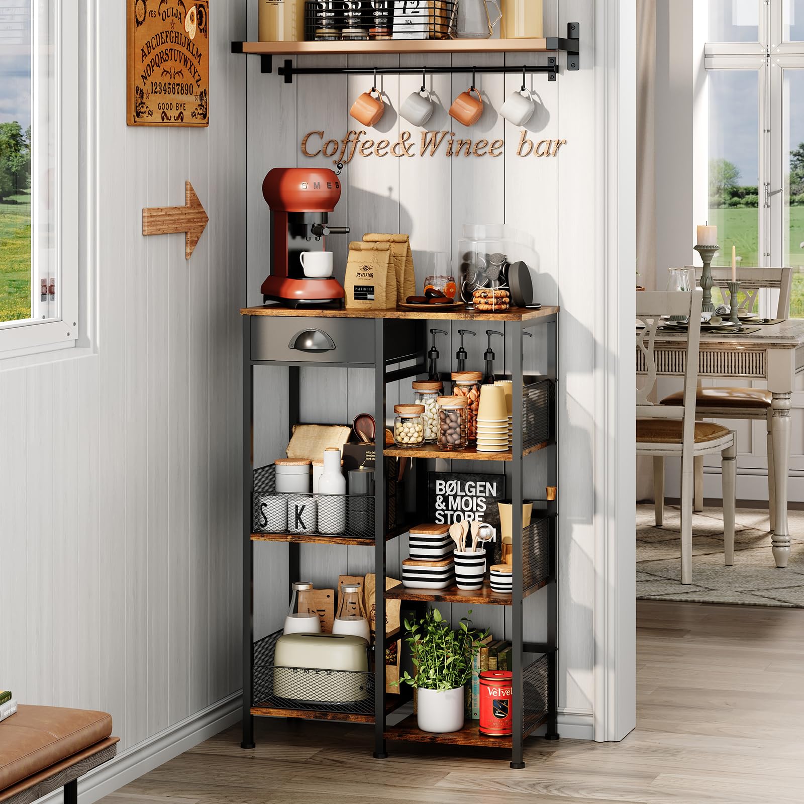 X-cosrack Farmhouse Coffee Bar with Storage, 5-Layer Staggered Coffee ...