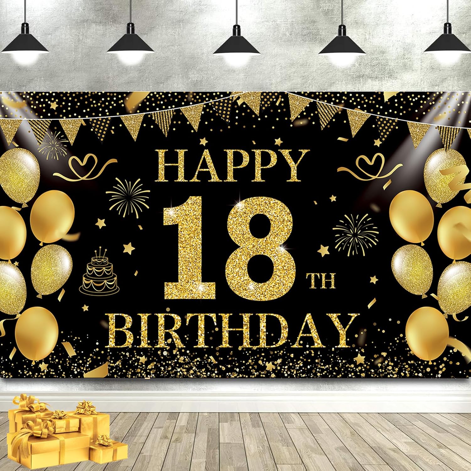 Amazon.com : SMENGGIL Black Gold 18th Happy Birthday Backdrop Banner ...