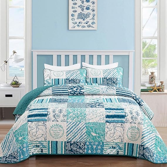 Amazon.com: Dinjoy Summer Nautical Ocean Quilt Set Twin Size, Beige ...