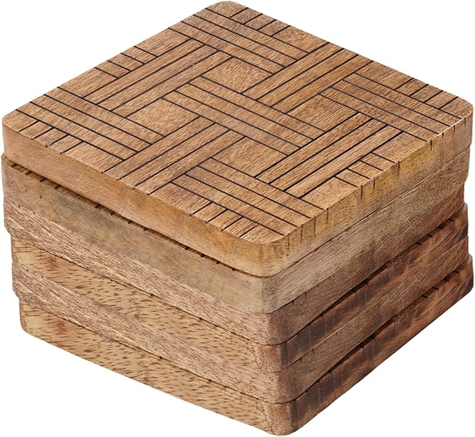 Amazon.com | Set of 6 Wood Coasters - Natural Mango Wooden Coasters for ...