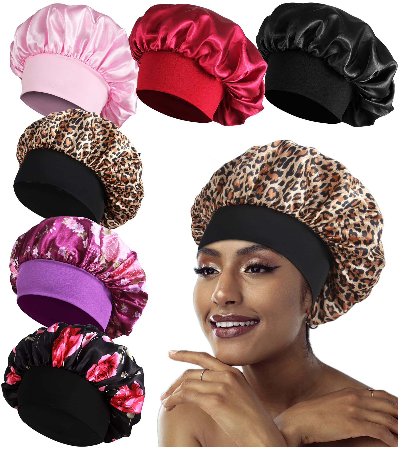 6pcs Satin Bonnets For Black Women Large Braids Bonnet Wide ...
