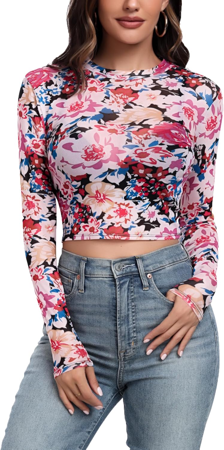 (Large) Mesh Top Women See Through Tops Long Sleeve Mesh Crop Top ...