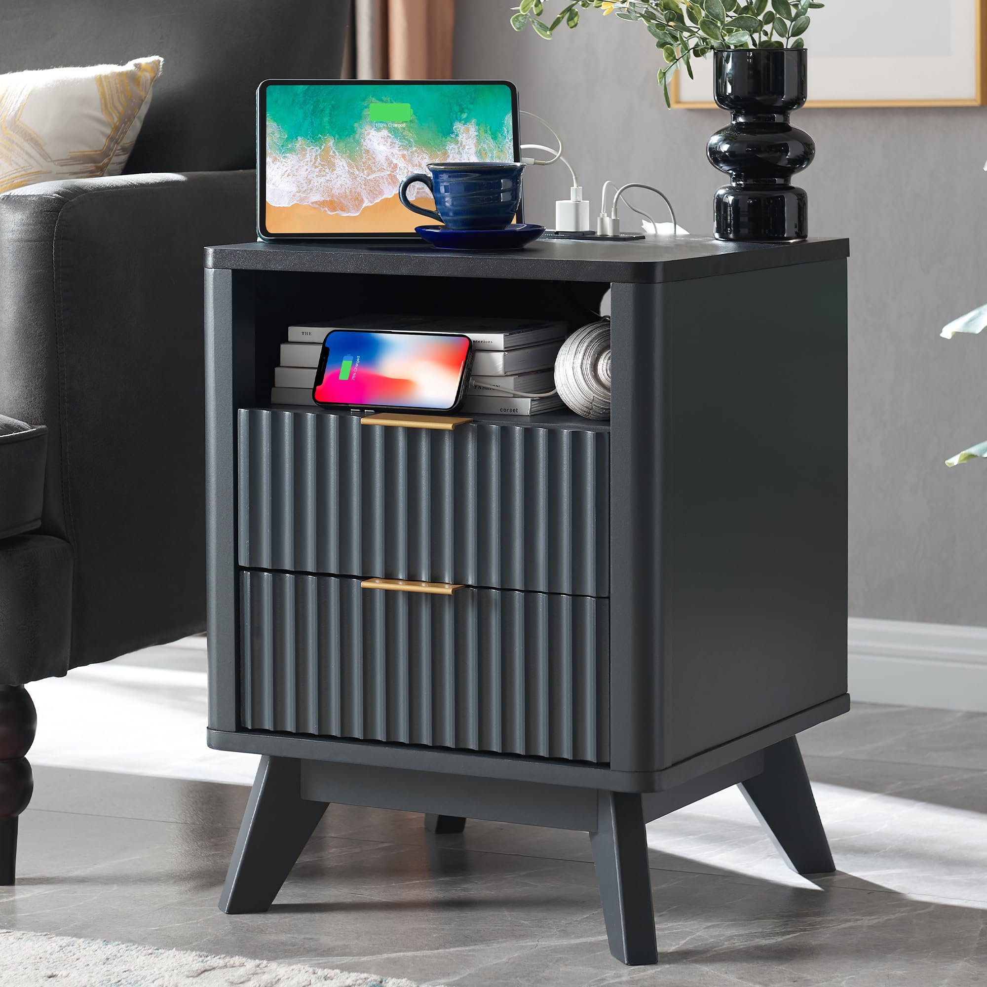 Amazon.com: LAKIQ Modern Solid Wood Mini Nightstand with 2 Drawer ...