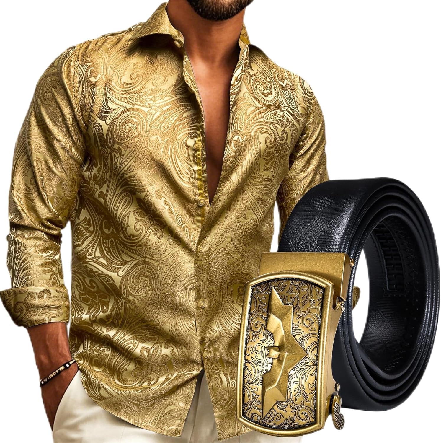 Barry.Wang Gold Men Shirt Silk Paisley Long Sleeve Button Down Dress ...