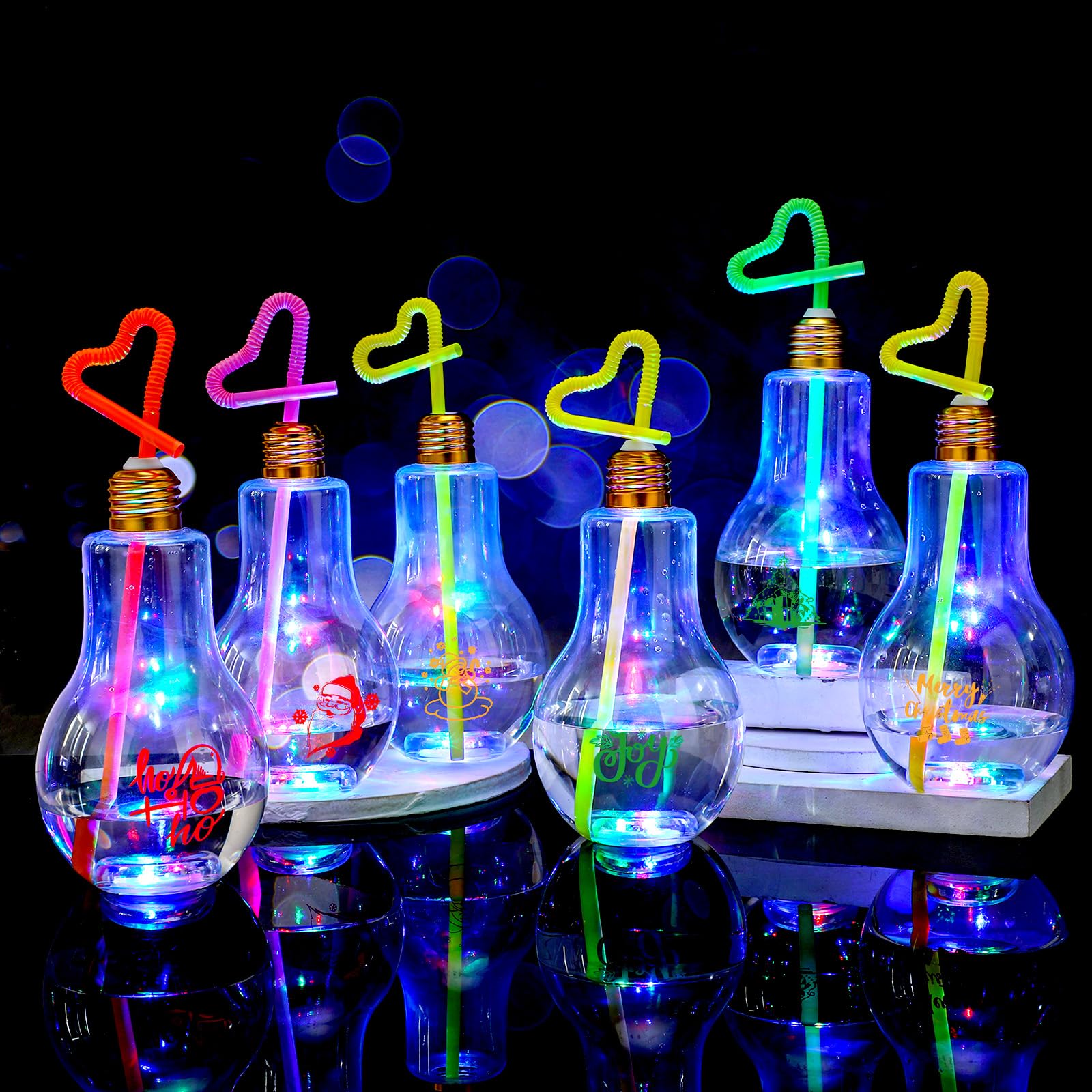 24 Pcs Christmas Light Bulb Cups with Straw LED Light up Plastic Bulb ...
