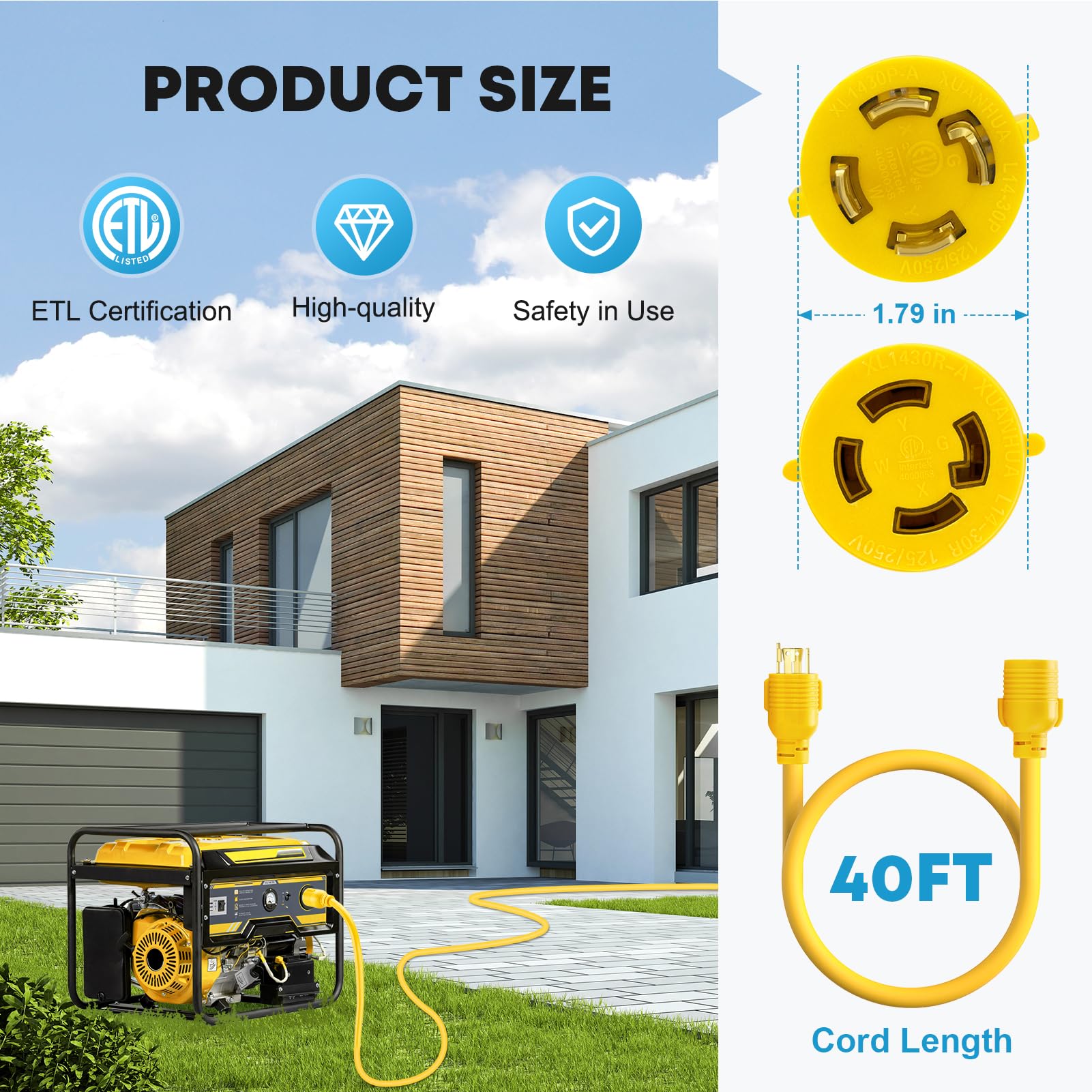 Snapklik.com : 30 Amp Generator Extension Cord 4 Prong 40FT, NEMA L14 ...