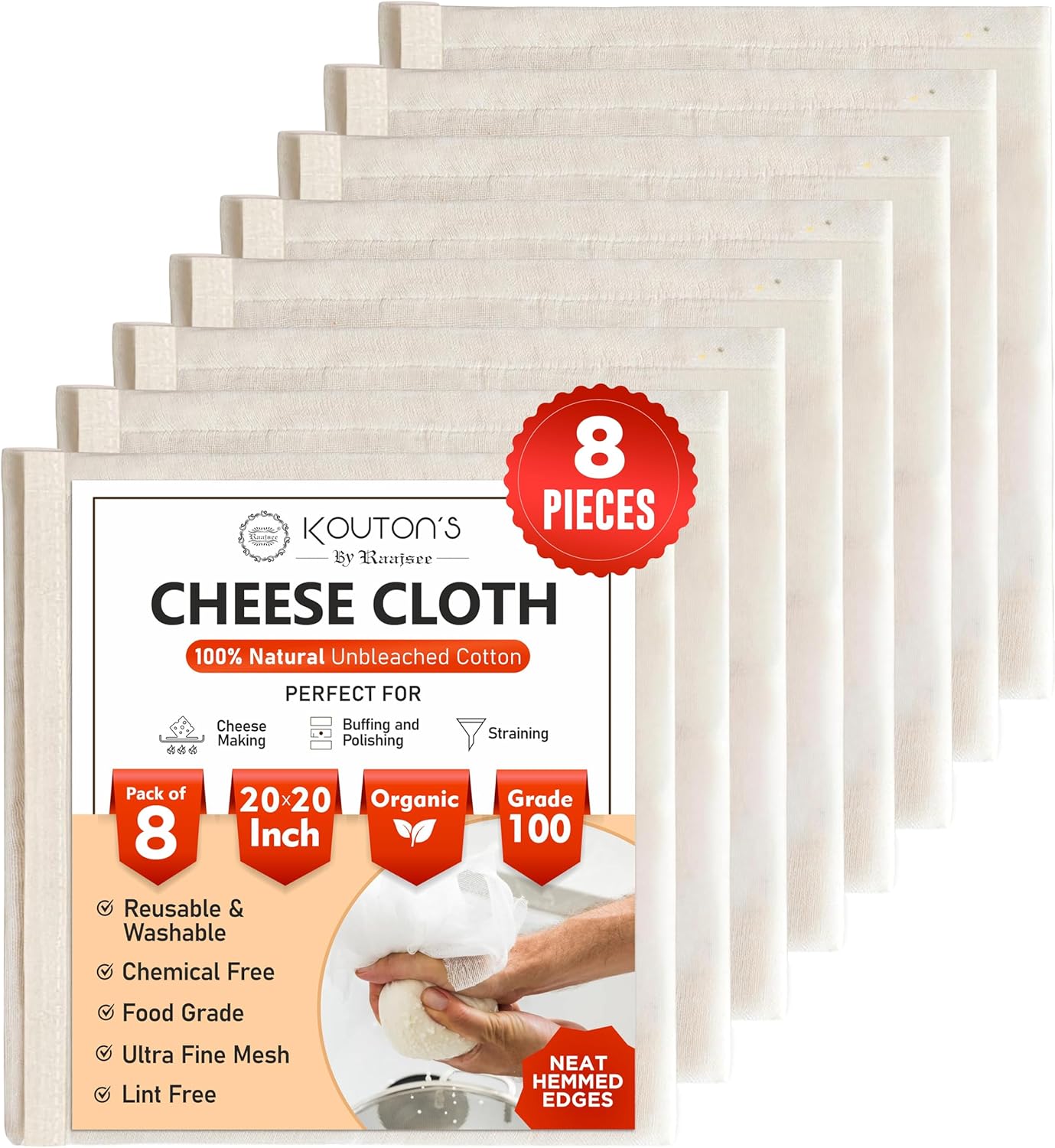 Amazon.com: Cheese Cloths – 8 Pcs Precut 20x20 inch hemmed 100% ...
