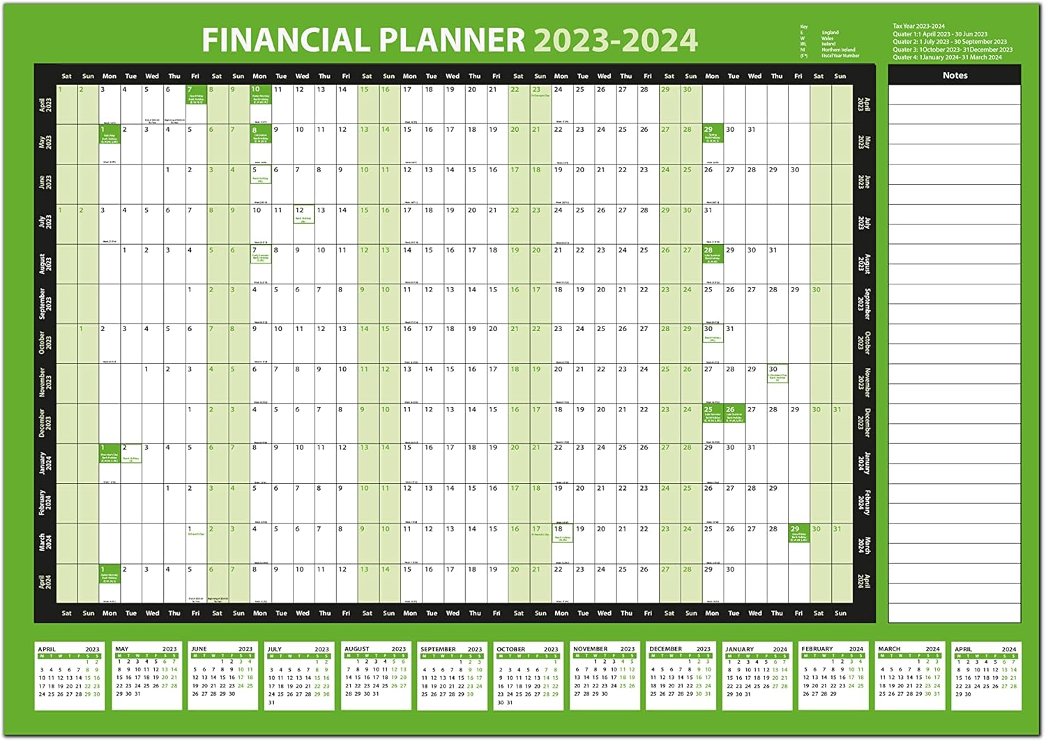financial year wall planner 2023-2024 Calendar Green - A1 Size (85cm x ...