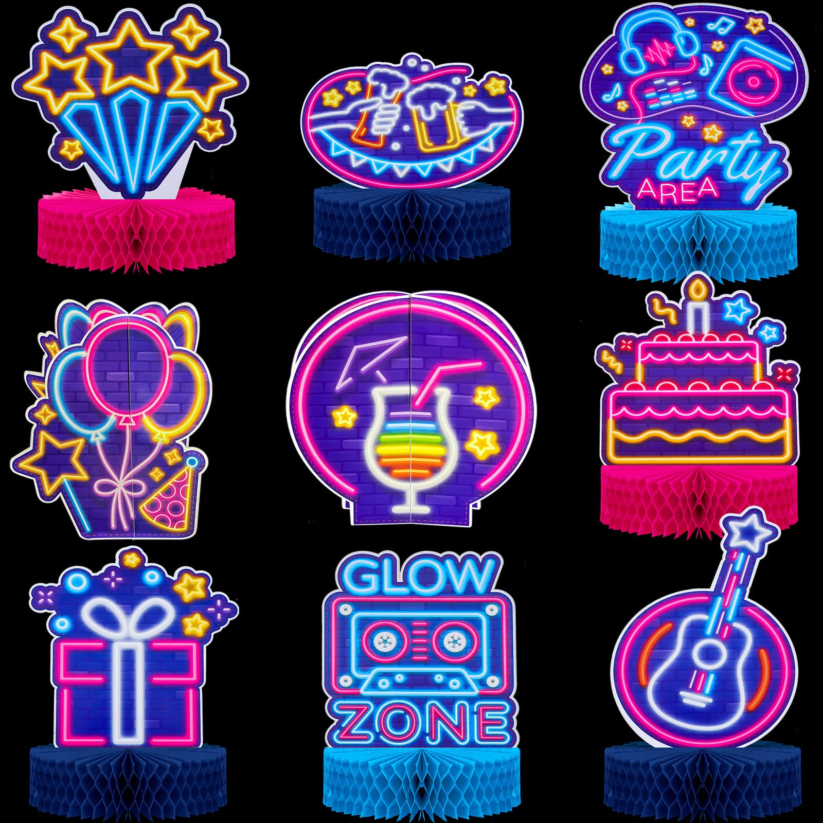 9 Pcs Glow Party Honeycomb Centerpieces Neon Birthday Decorations Neon ...