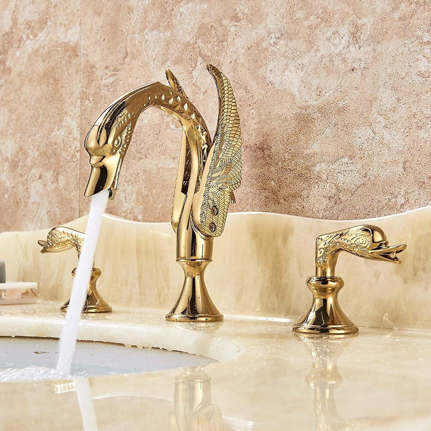 Golden Black Swan Style Bathroom Sink Faucet Combo Deck Mount Sink ...