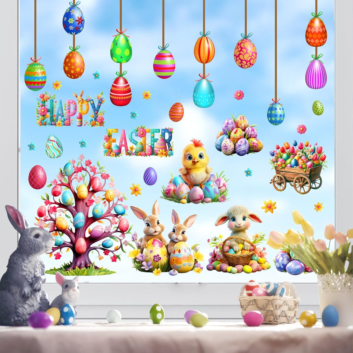 Amazon.com: Easter Window Clings Stickers Large Easter Egg Window ...