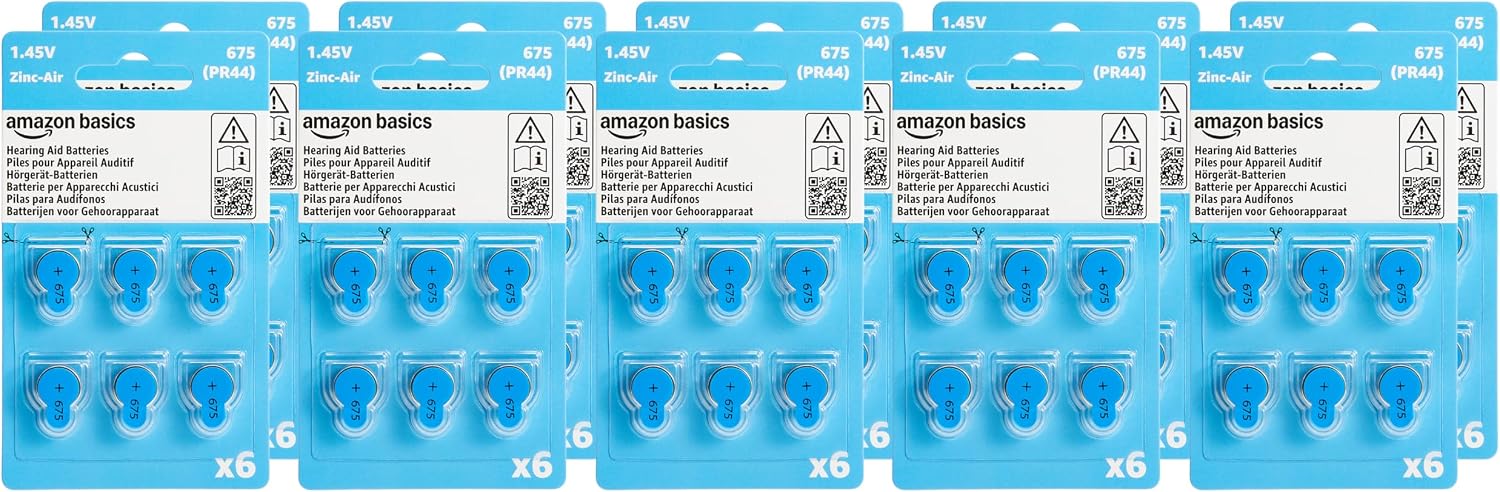 Amazon Basics 60-Pack Hearing Aid Size 675 Zinc-Air Batteries, 1.45 ...