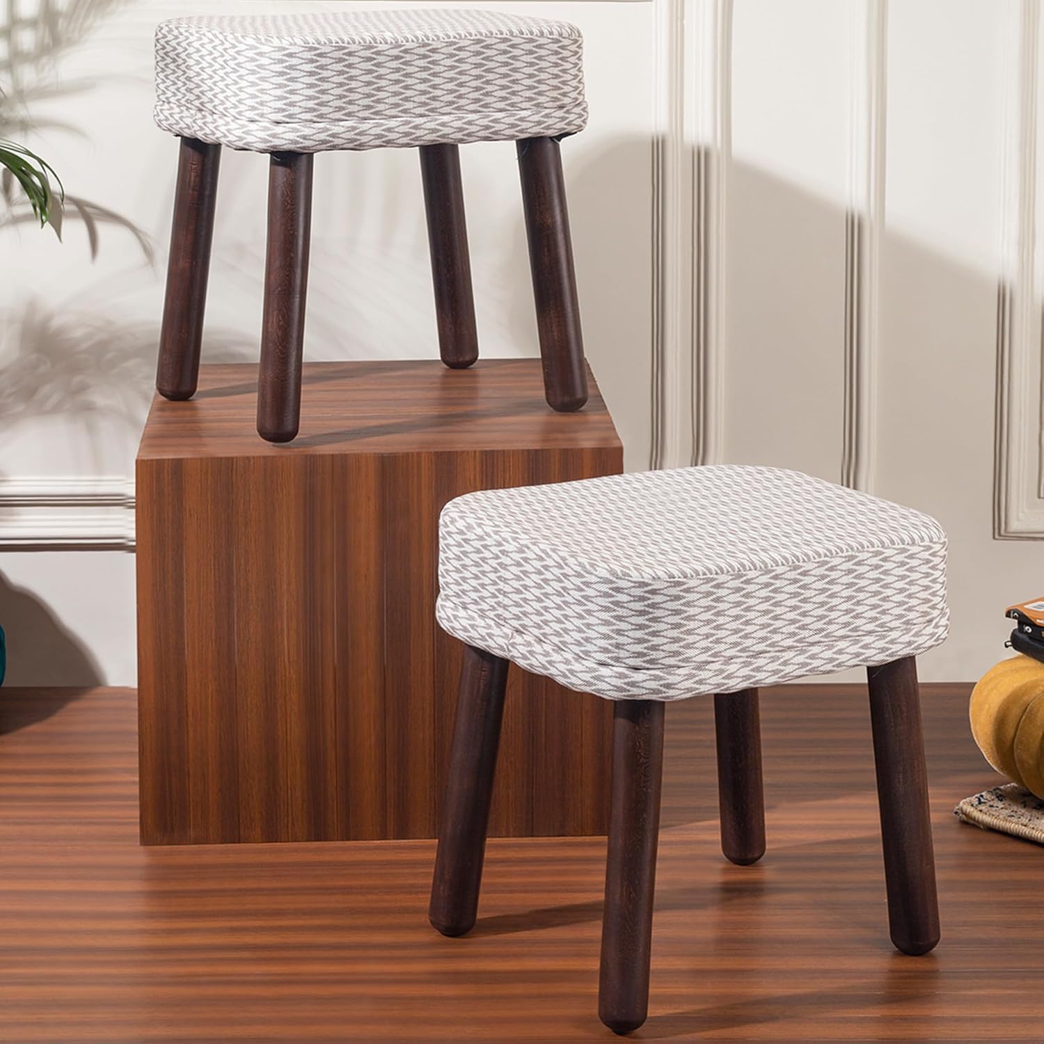 LUSHLIN Wooden Ottoman Pouffe Stool Set of 2 | Cotton Cushioned Puffy ...
