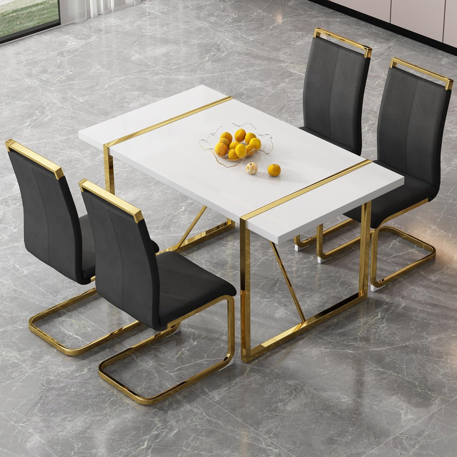 Amazon.com - Modern White Gold Dining Table Set for 4 Luxury Elegant 55 ...