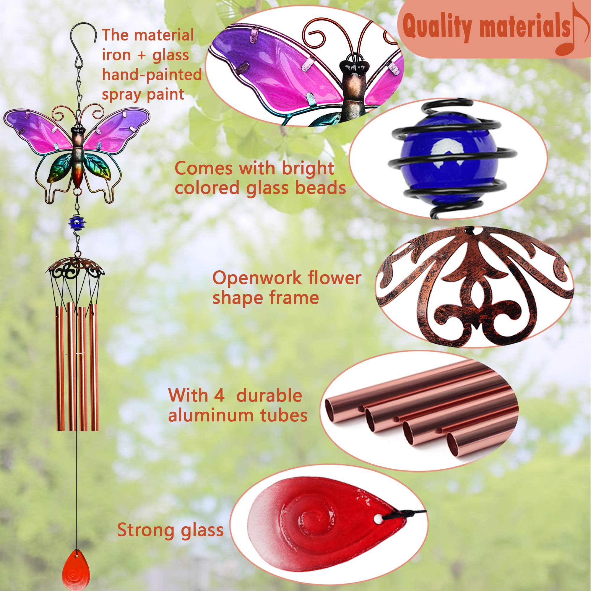 Snapklik.com : Butterfly Wind Chimes Indoor Outdoor 31" Metal Glass ...