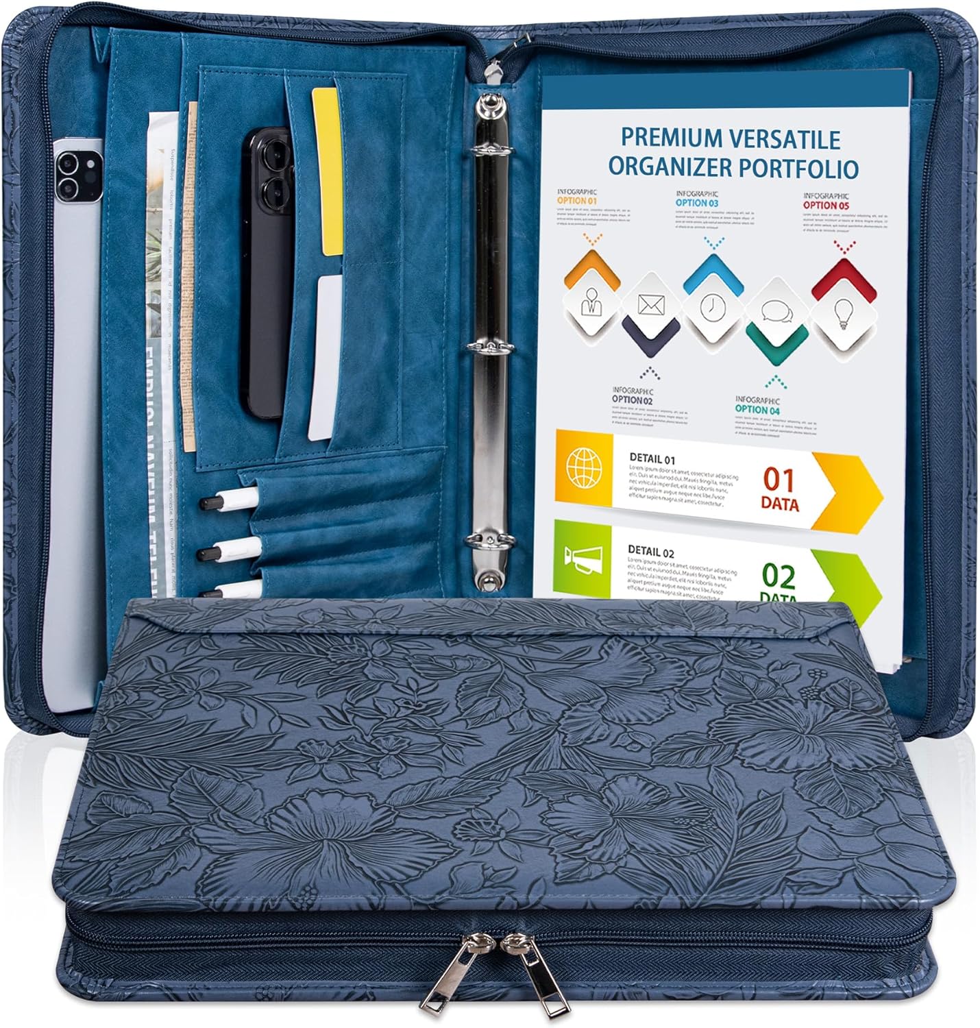 Amazon.com : Dark Blue Embossed Vegan Leather Portfolio for Women, 3 ...