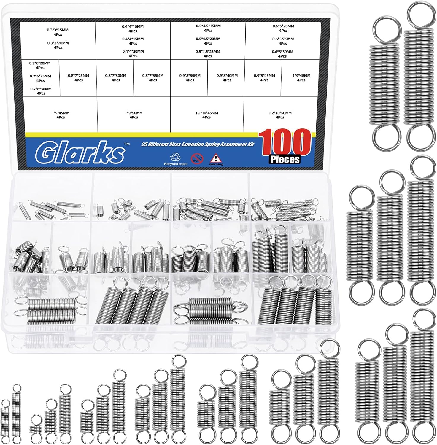 Glarks 100pcs Stainless Steel Extension Springs with Double Hook Sets ...