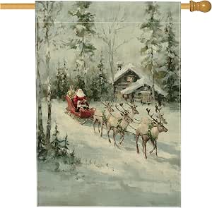 Amazon.com : Santa House Flag, Winter Festive Reindeer Sleigh Christmas ...