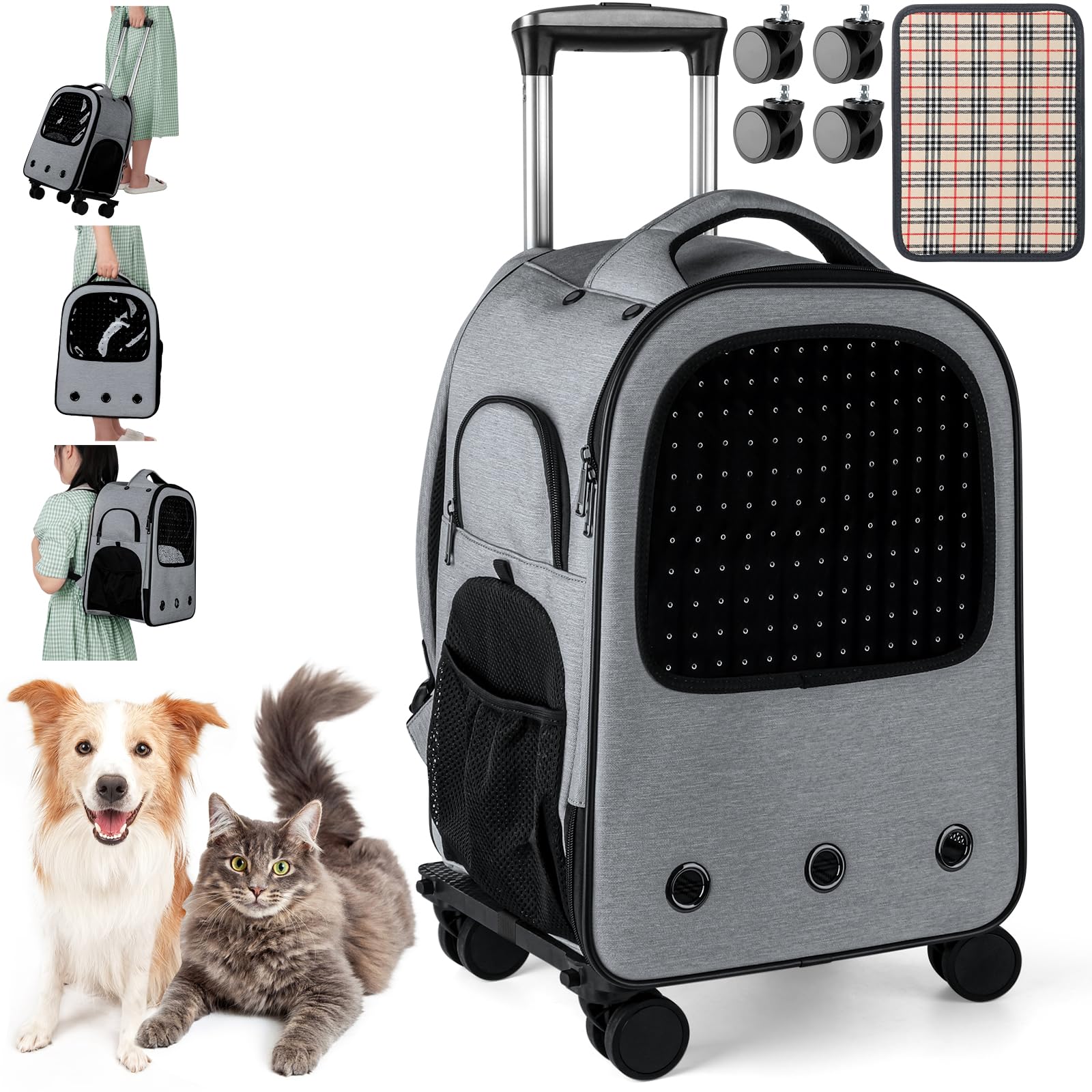 Pet Rolling Carrier with Wheels,Cat Carrier Backpack with Wheels,Cat ...