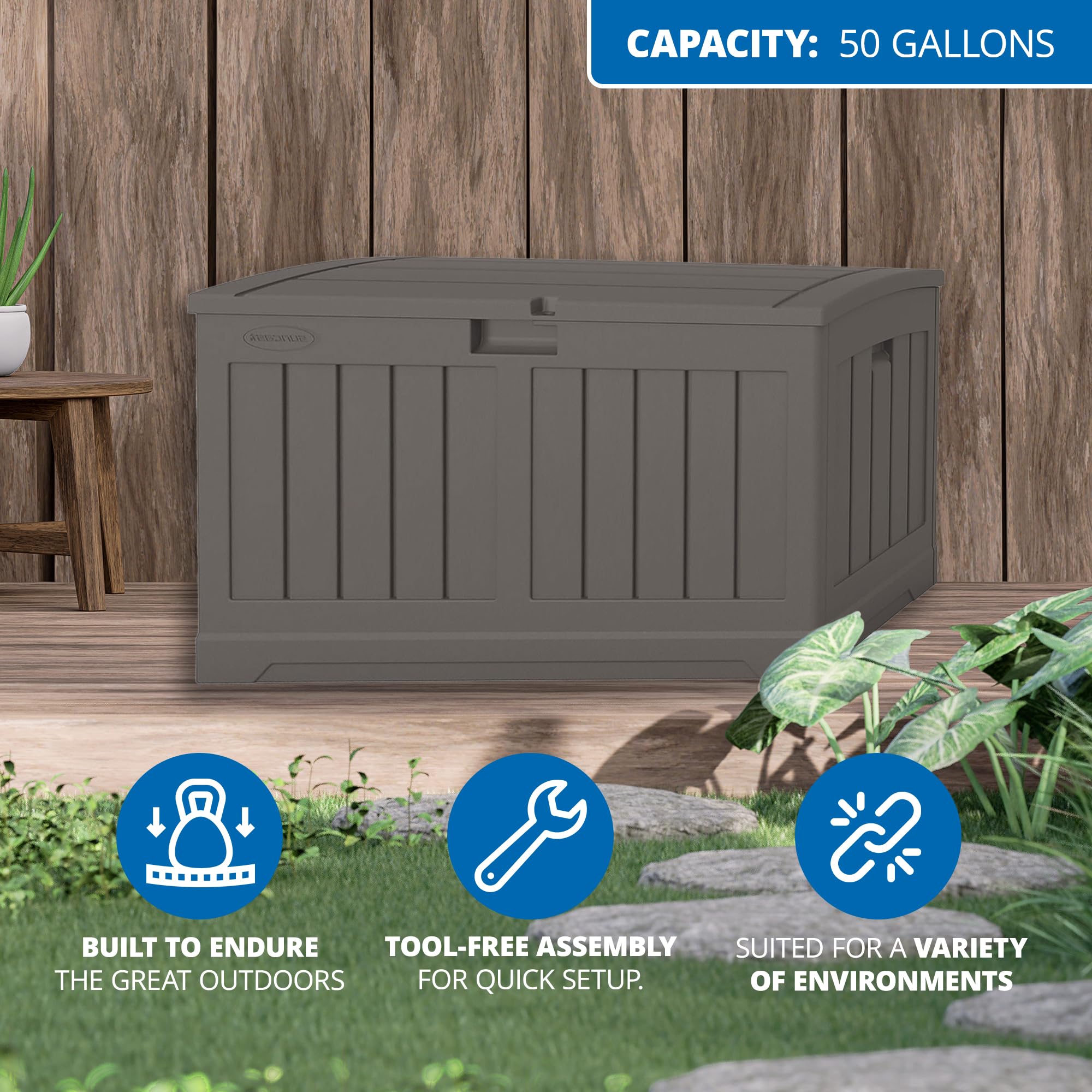 Suncast 50 Gallon Plastic Deck Box with Molded Lockable Feature and ...