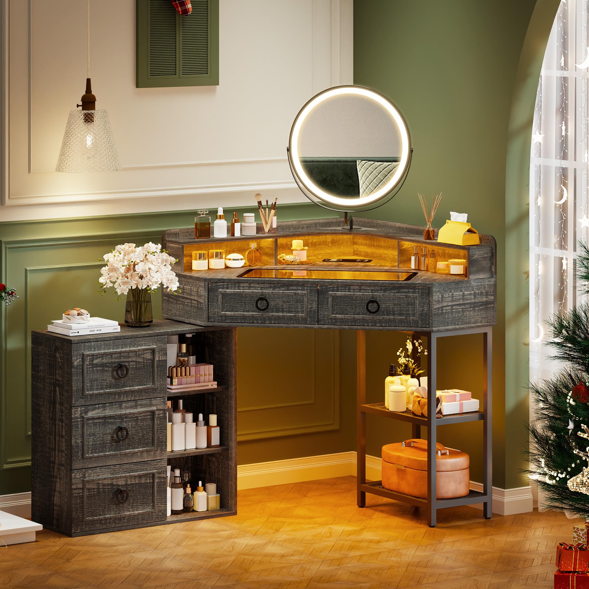 Amazon.com: Lvifur Corner Vanity Desk with Mirror and Lights,Brown ...