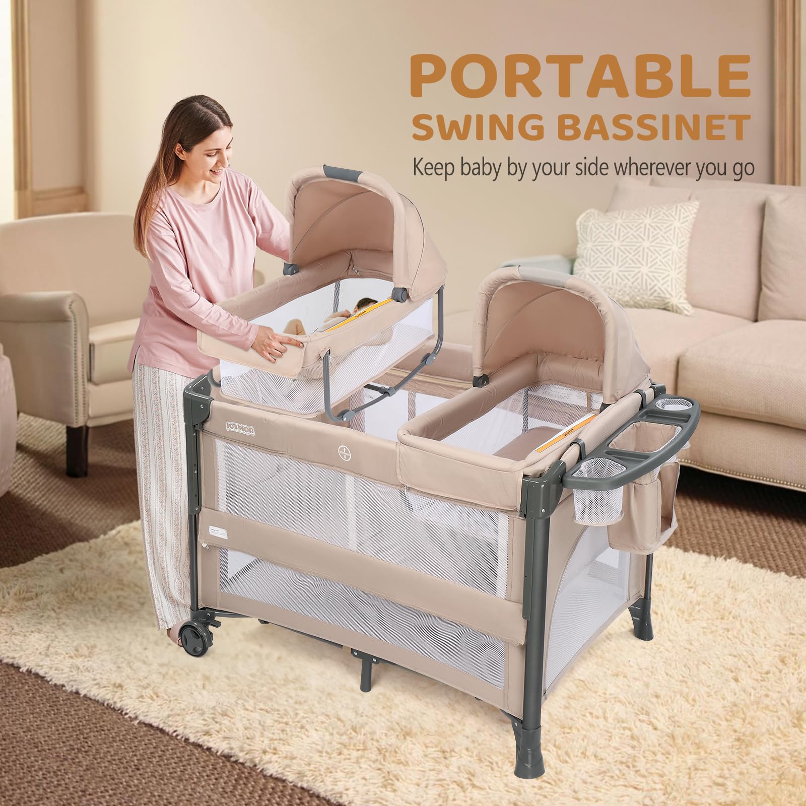 Snapklik.com : JOYMOR Twin Bassinet For Baby, Beige Bedside Bassinet ...