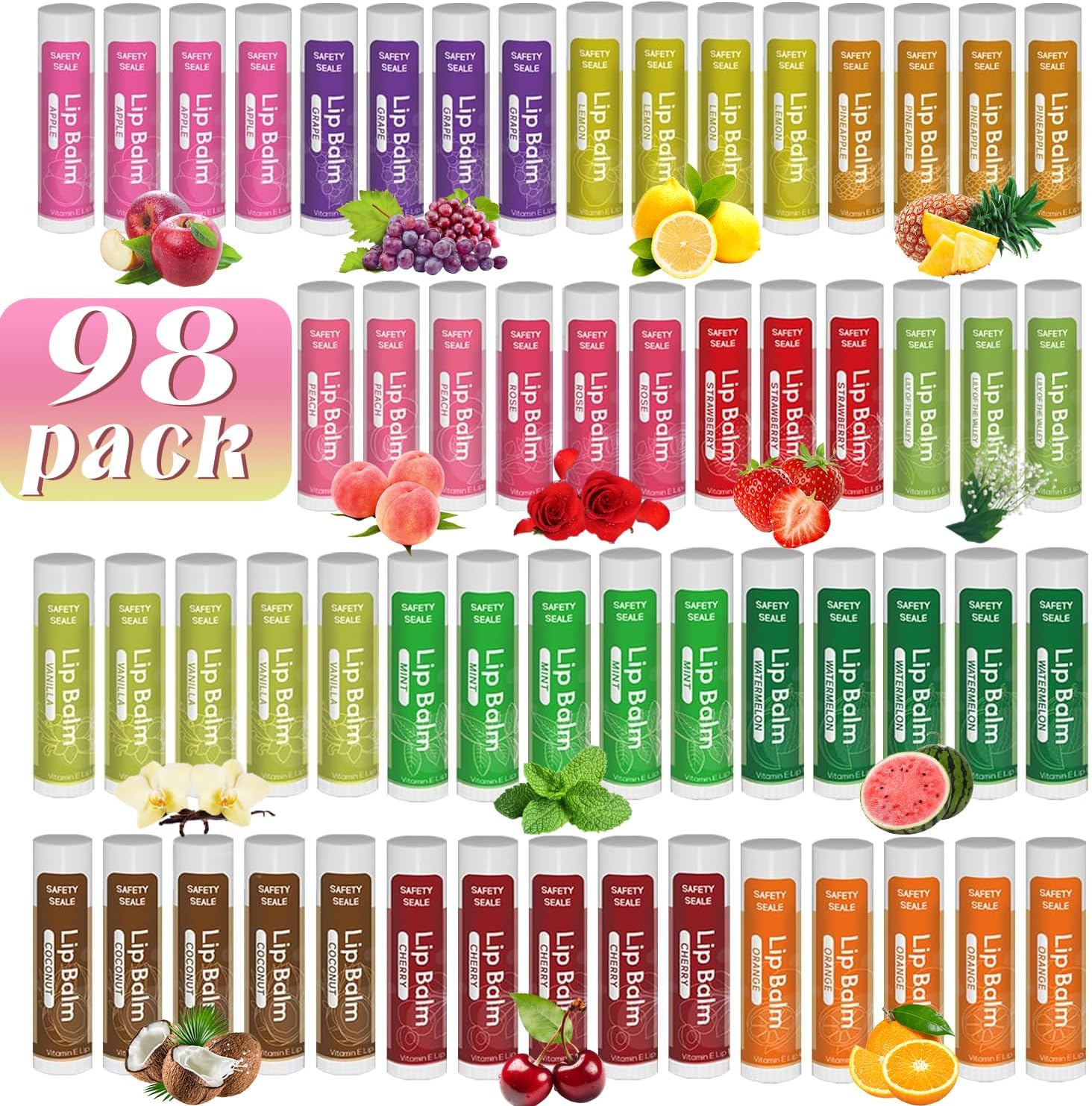Amazon.com : 98 Pack Natural Lip Balm Bulk with Vitamin E and Coconut ...