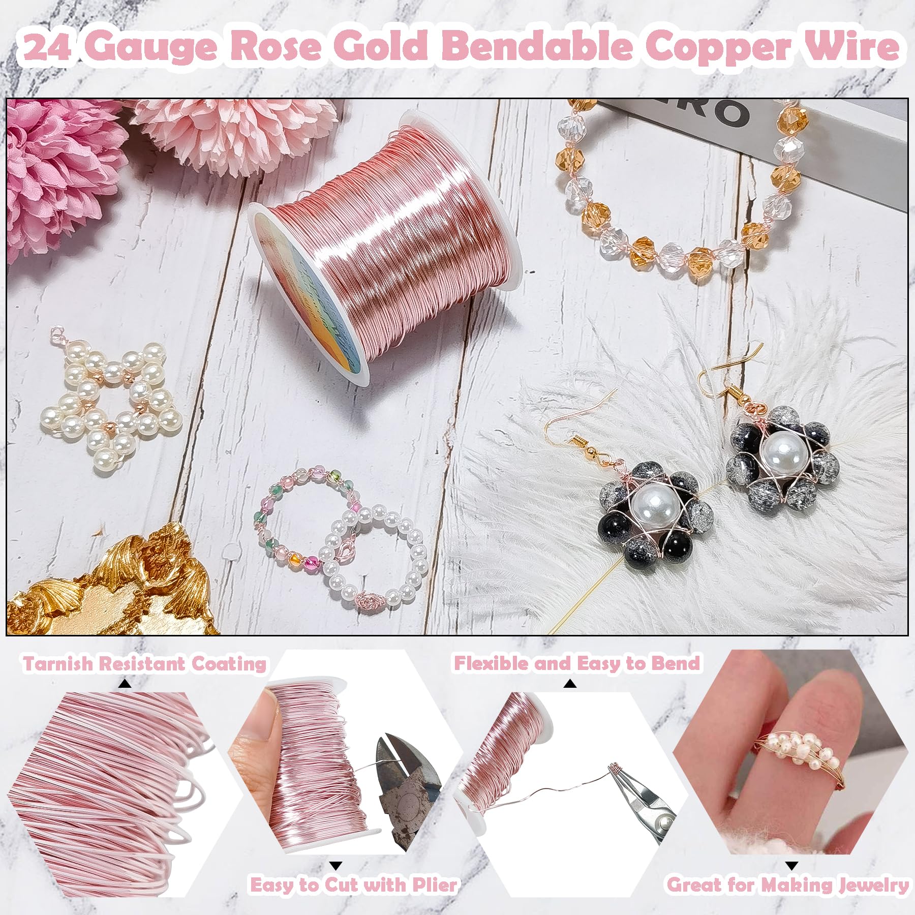 Crafting Wire 328 Feet Copper Jewelry Wire - 24 Gauge Tarnish Resistant ...
