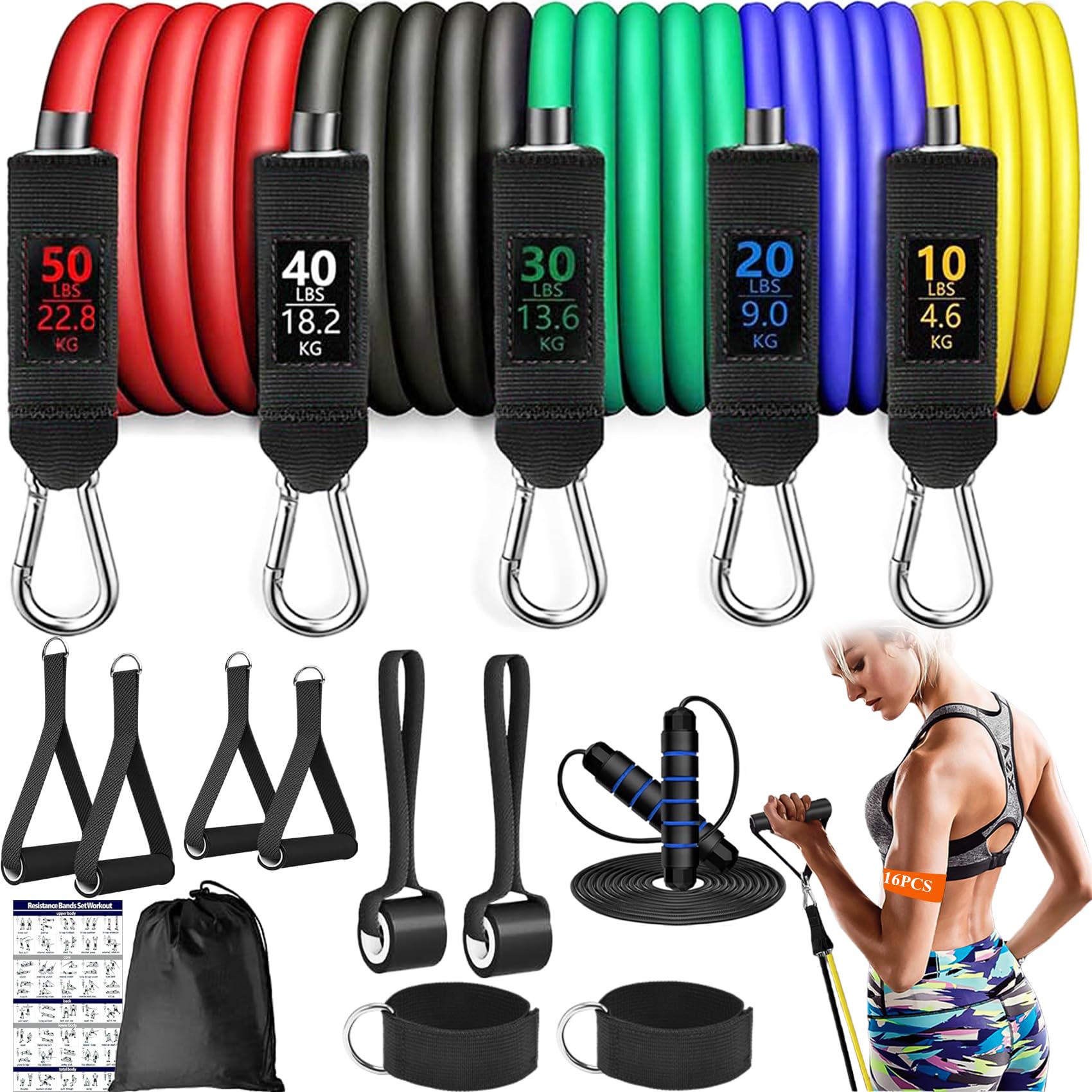 16PCS Bandas de Resistencia，150LBS Ligas de Resistencia para Ejercicio ...