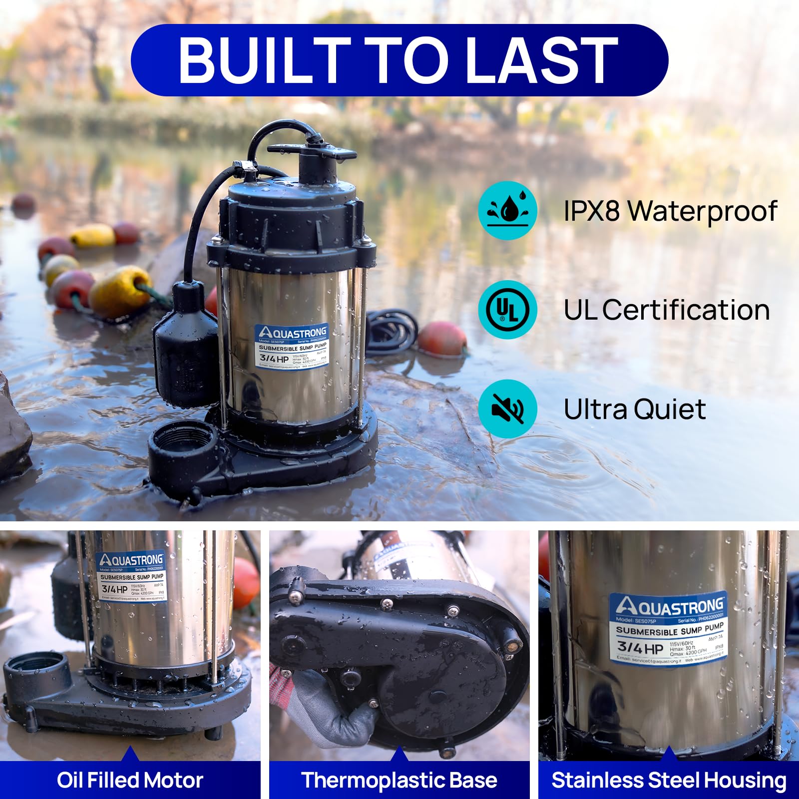 Snapklik.com : AQUASTRONG 3/4 HP Sump Pump, 4200 GPH Stainless Steel And Thermoplastic ...