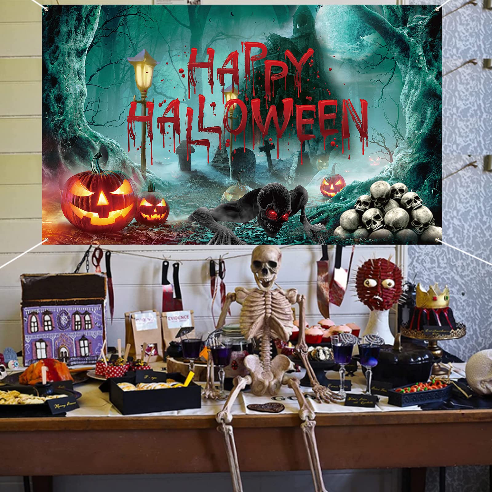 Snapklik.com : Happy Halloween Backdrop Banner, Green Fabric Halloween ...