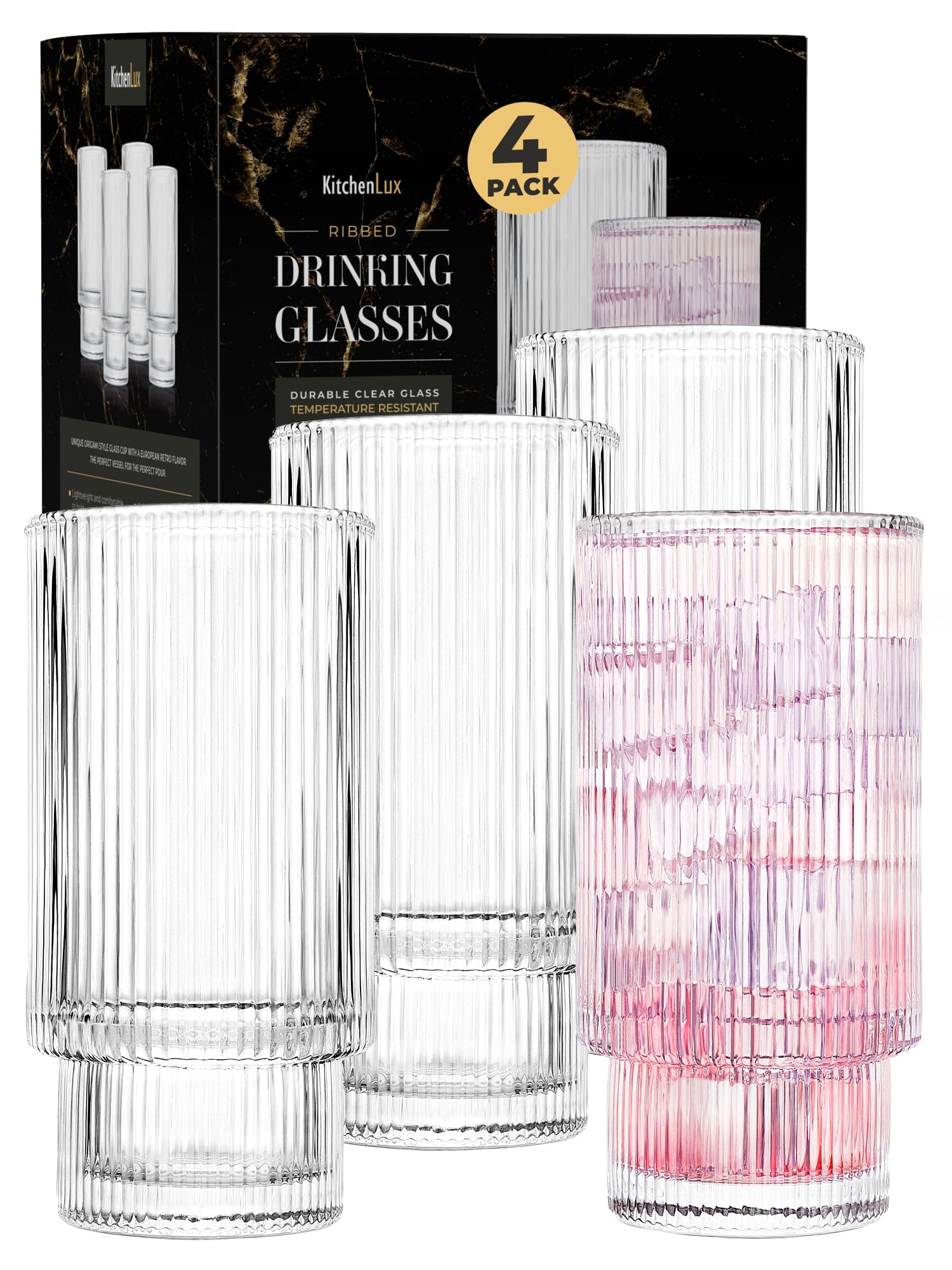 Amazon.com | Kitchen Lux Ribbed Drinking Glasses - Ribbed Glass Cups 12 ...