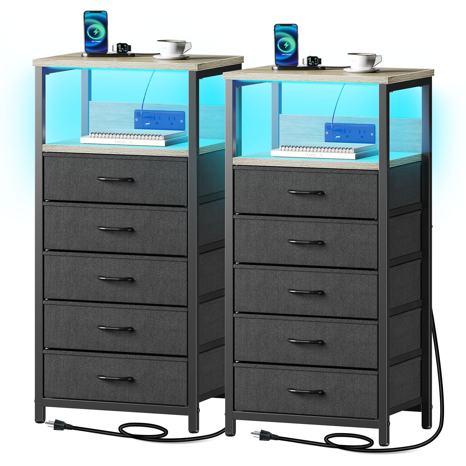 Amazon.com: Seventable Nightstand Set of 2 with 5 Fabric Drawers ...