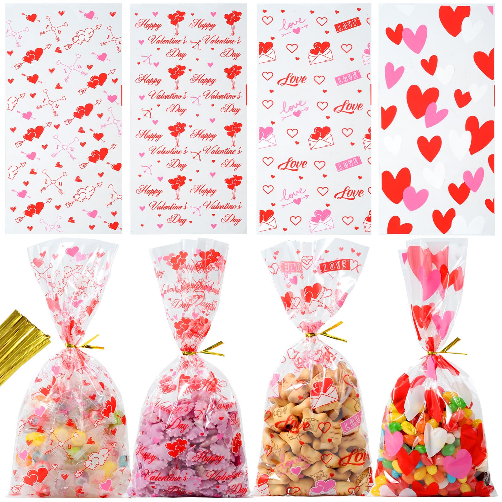 50 Pack Valentine's Day Cellophane Bags with 50 Pcs Twist Ties Red ...