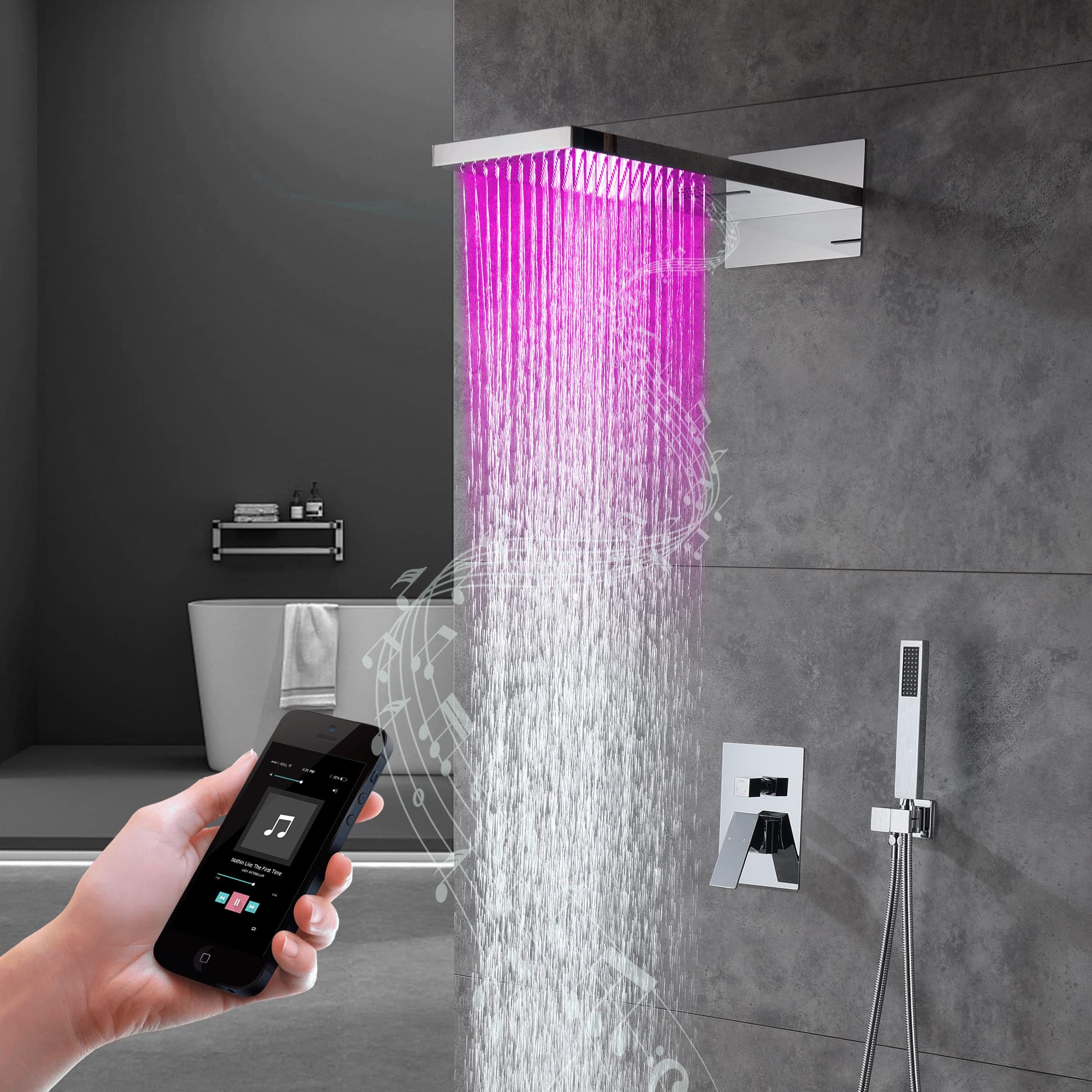 Cascada 9”x22” Music LED shower system (Wall Mounted) with Single ...