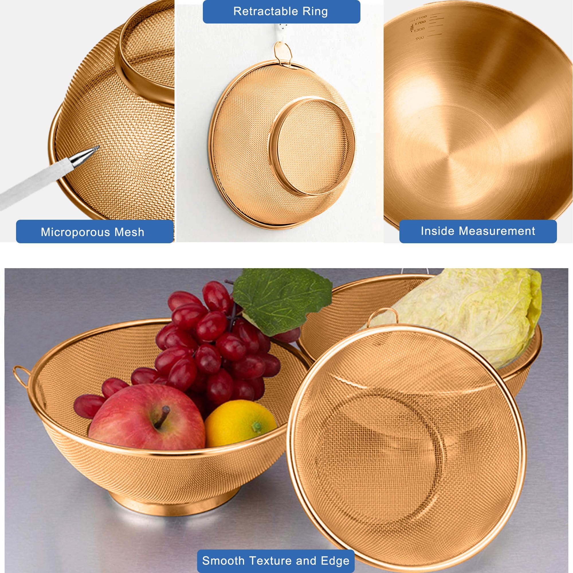 6 pcs Stainless Steel Colander Set with 1.2Qt 2Qt and 3Qt Capacity ...