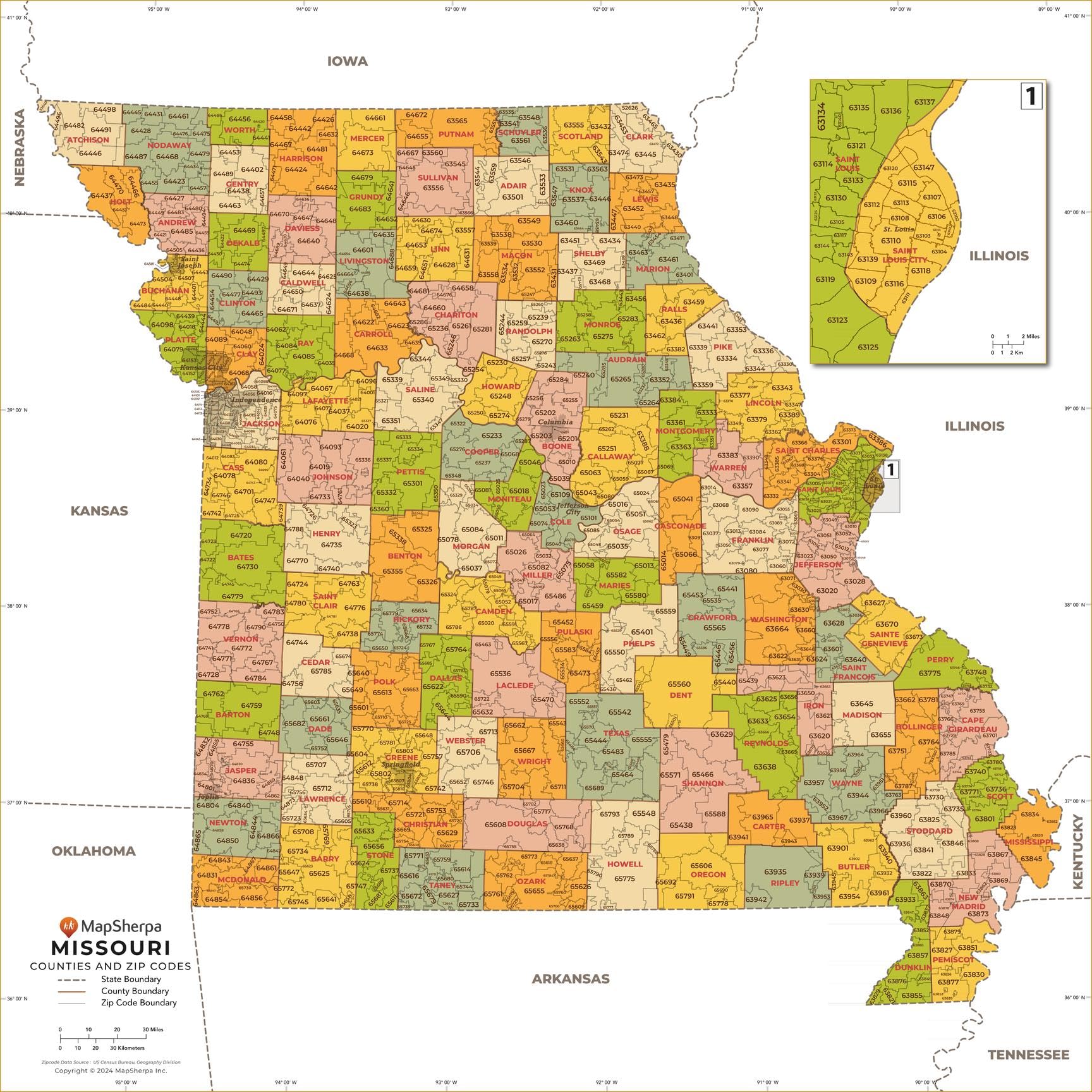 Amazon.com : Missouri ZIP Code Map with Counties - Standard - 36 x 36 ...