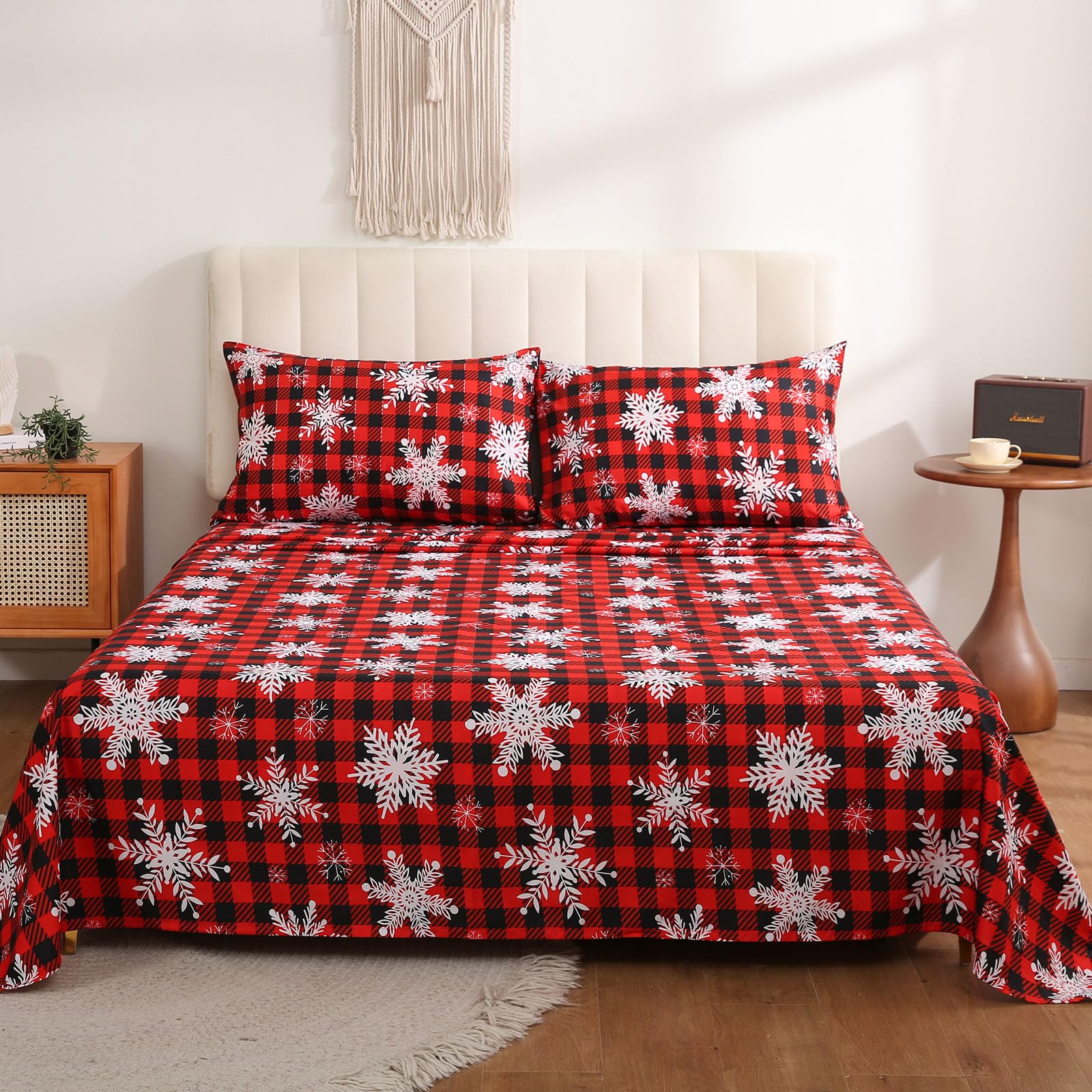 JSD Red Buffalo Plaid Snowflakes Sheet Set queen , 4 Piece Christmas ...
