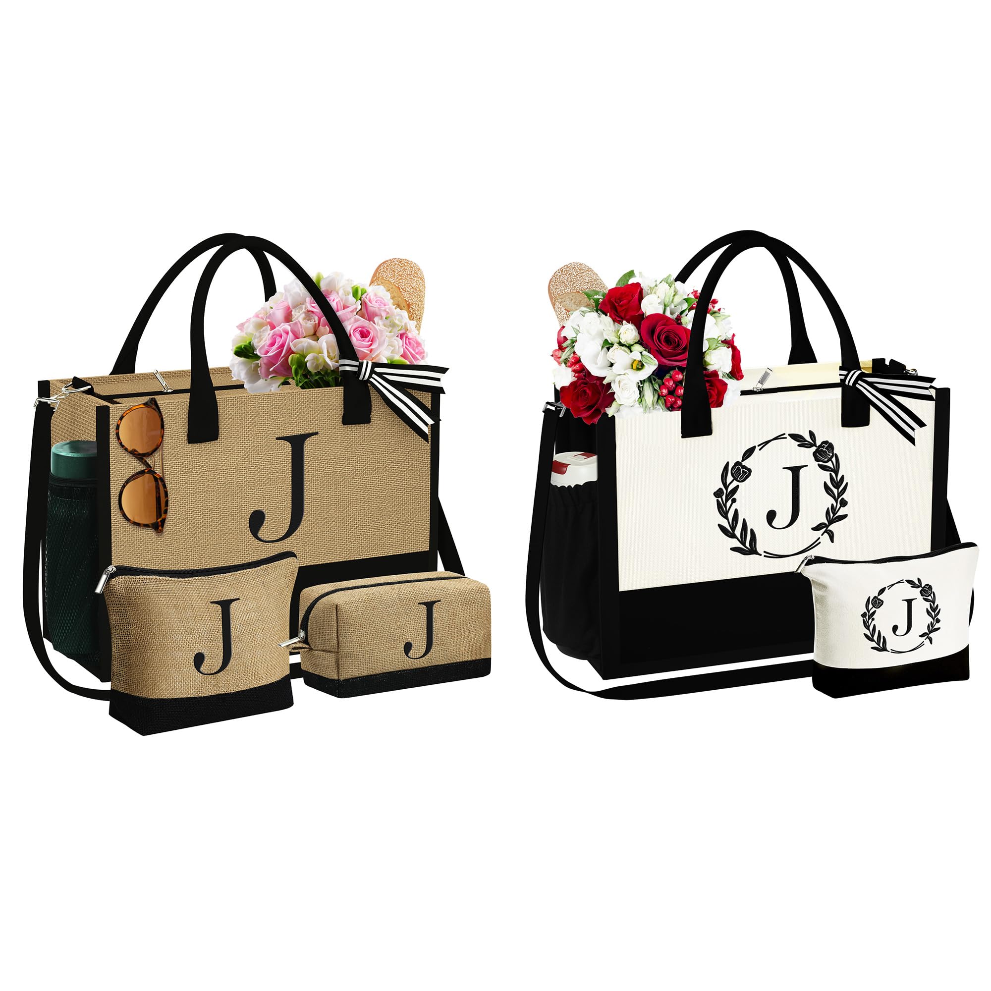 Amazon.com: YOOLIFE 3 Pcs Initial Jute Tote Bag & 2 Pcs Initial Canvas ...