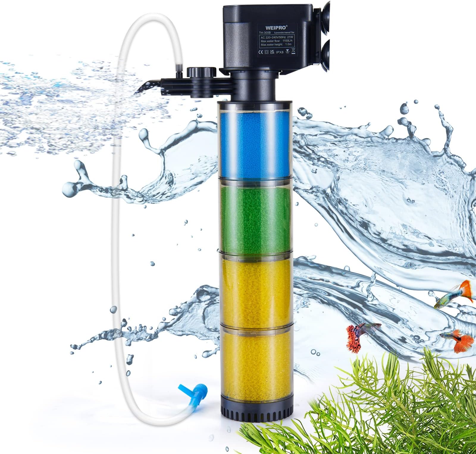 AQQA Aquarium Double Sponge Filter, 3W/5W Quiet Electric Power Fish ...