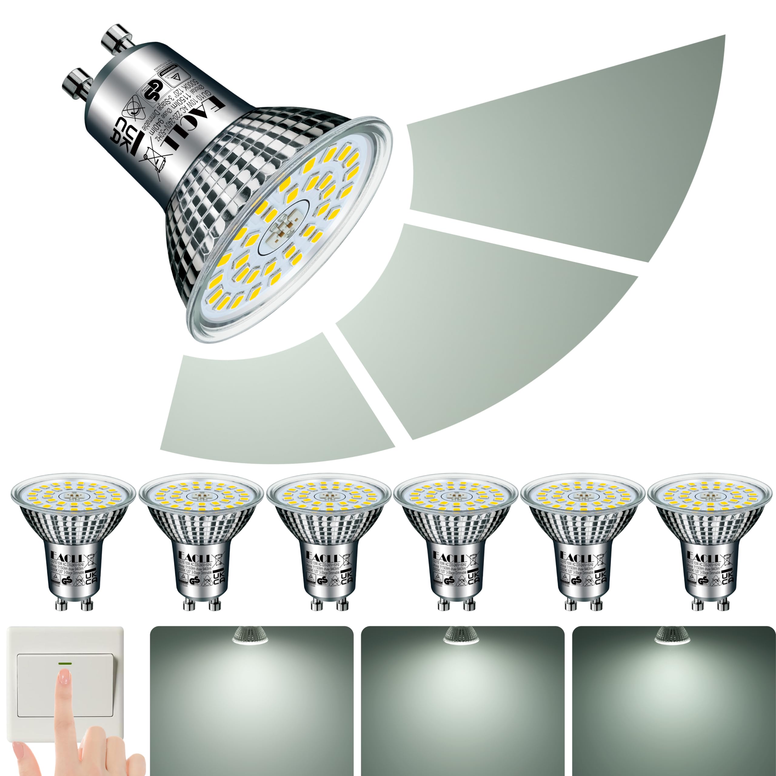EACLL GU10 LED Bulbs 3-Step Dimmable 3-Brightness, 10W 5000K Daylight ...