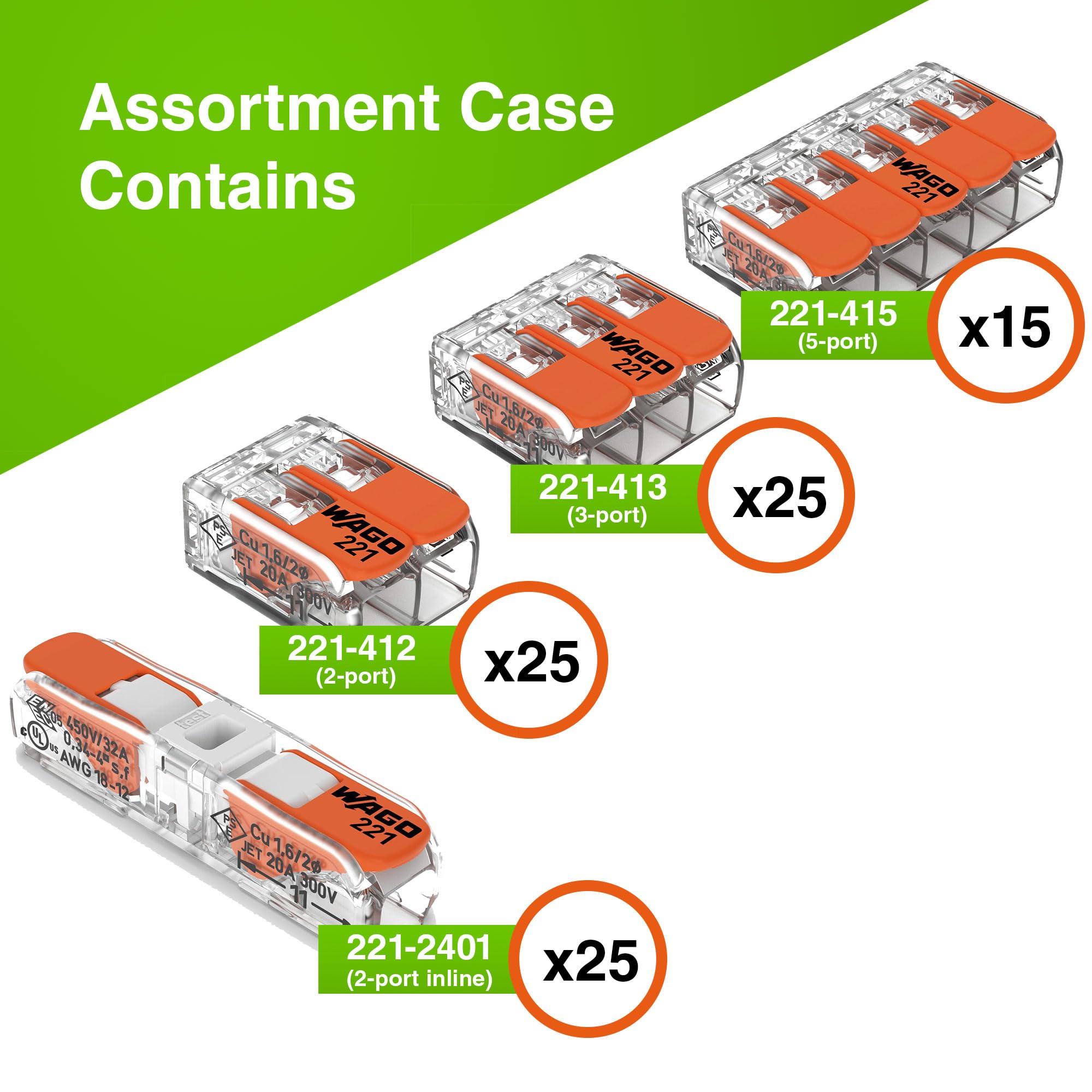 WAGO 221 Series 90pc Lever Nuts | Includes (25x 221-2401), (25x 221-412 ...