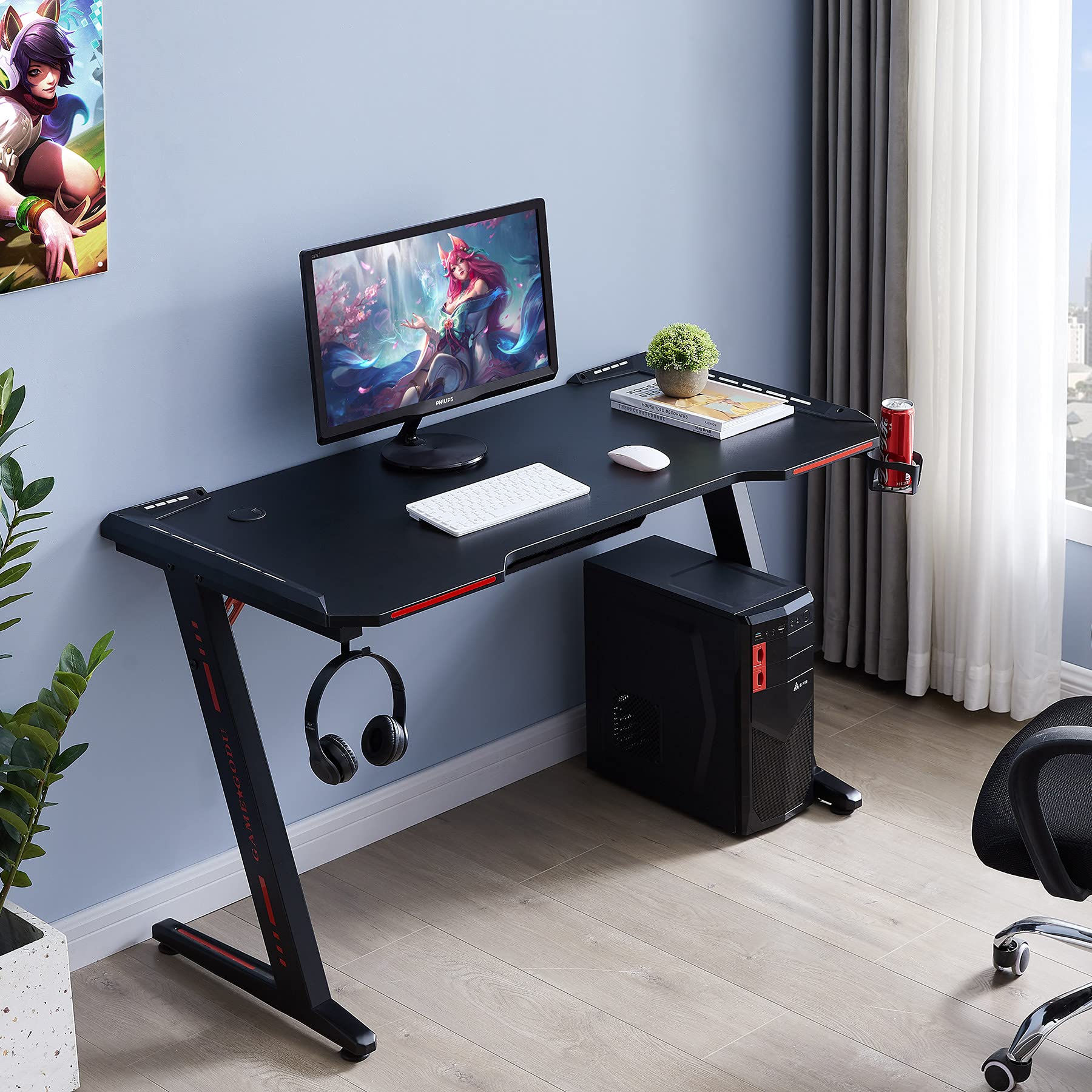 Tribesigns Gaming Desk, Z Shaped Ergonomic PC Gaming Table with LED ...